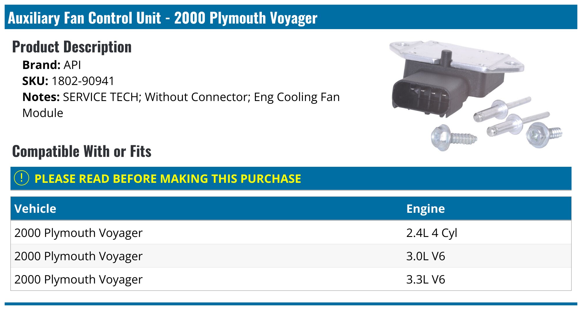 2000 Plymouth Voyager Auxiliary Fan Control Unit - API 2520-07350398 ...