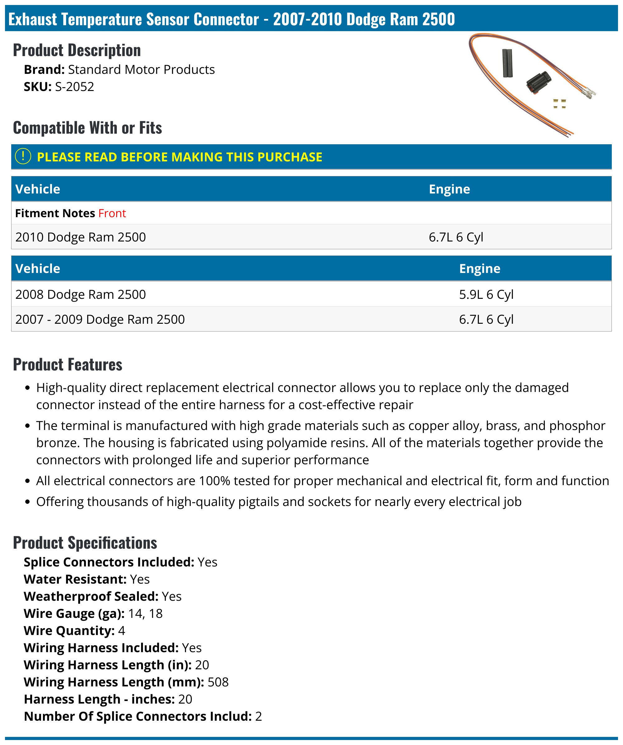 2007-2010 Dodge Ram 2500 Exhaust Temperature Sensor Connector ...