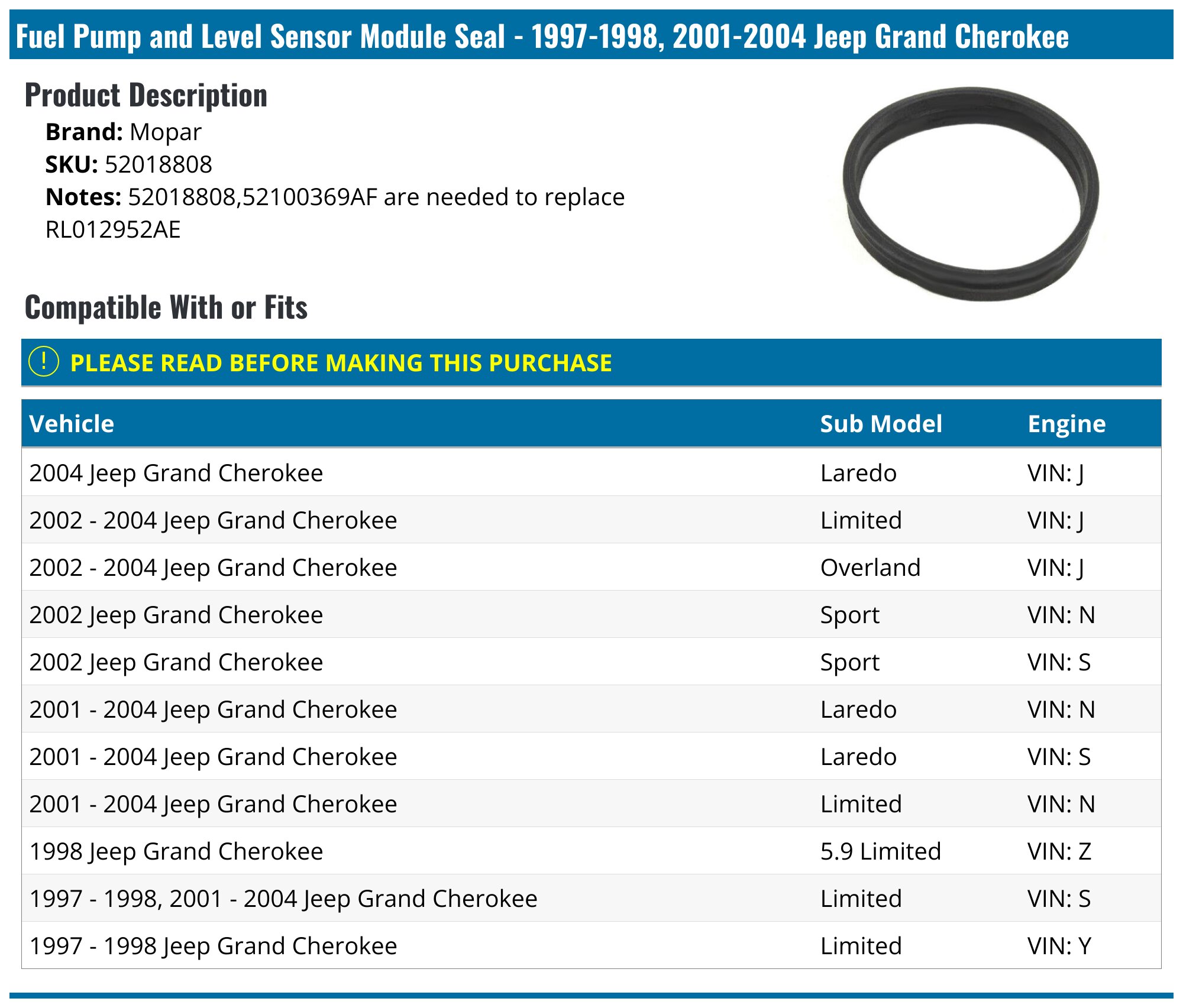 1997-1998, 2001-2004 Jeep Grand Cherokee Fuel Pump - Mopar 52018808 ...