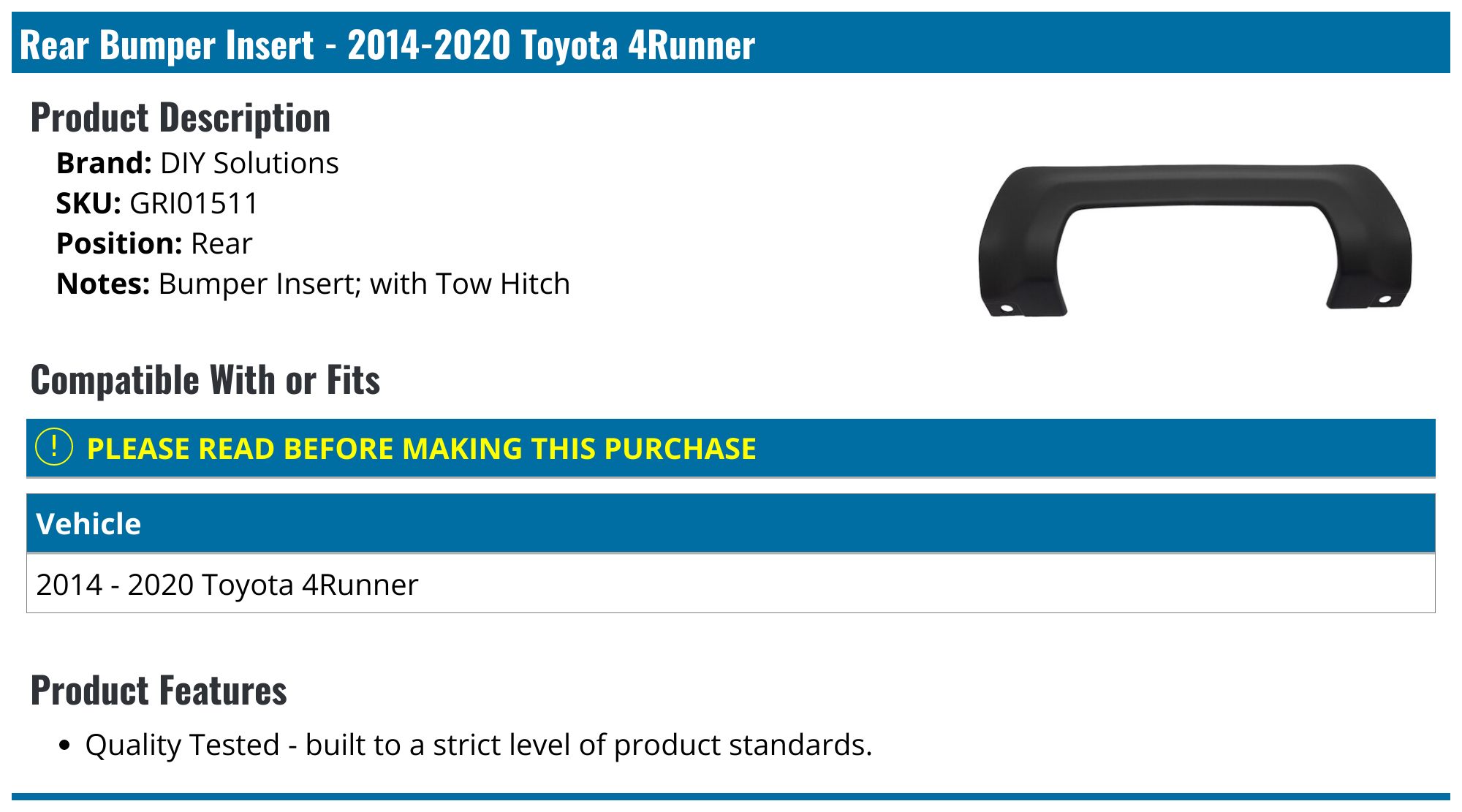 2014-2020 Toyota 4Runner Bumper Insert - DIY Solutions GRI01511 - Rear ...
