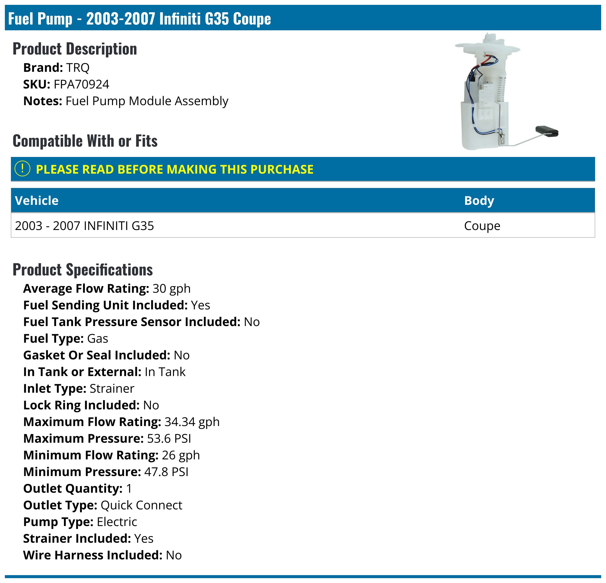 2004-2006 Infiniti G35 Fuel Pump - TRQ FPA70924 - PartsGeek.com