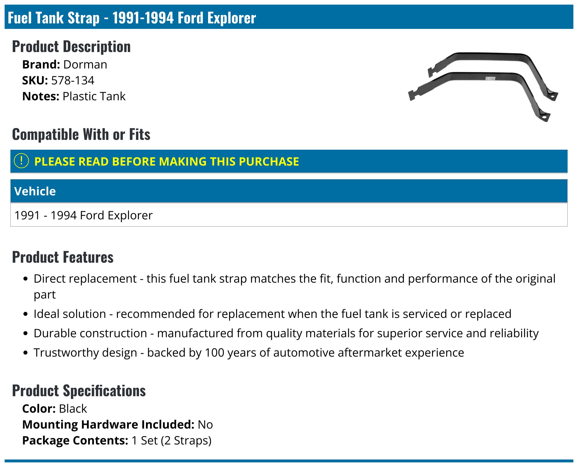 1991-1994 Ford Explorer Fuel Tank Strap - Dorman 578-134 - PartsGeek.com
