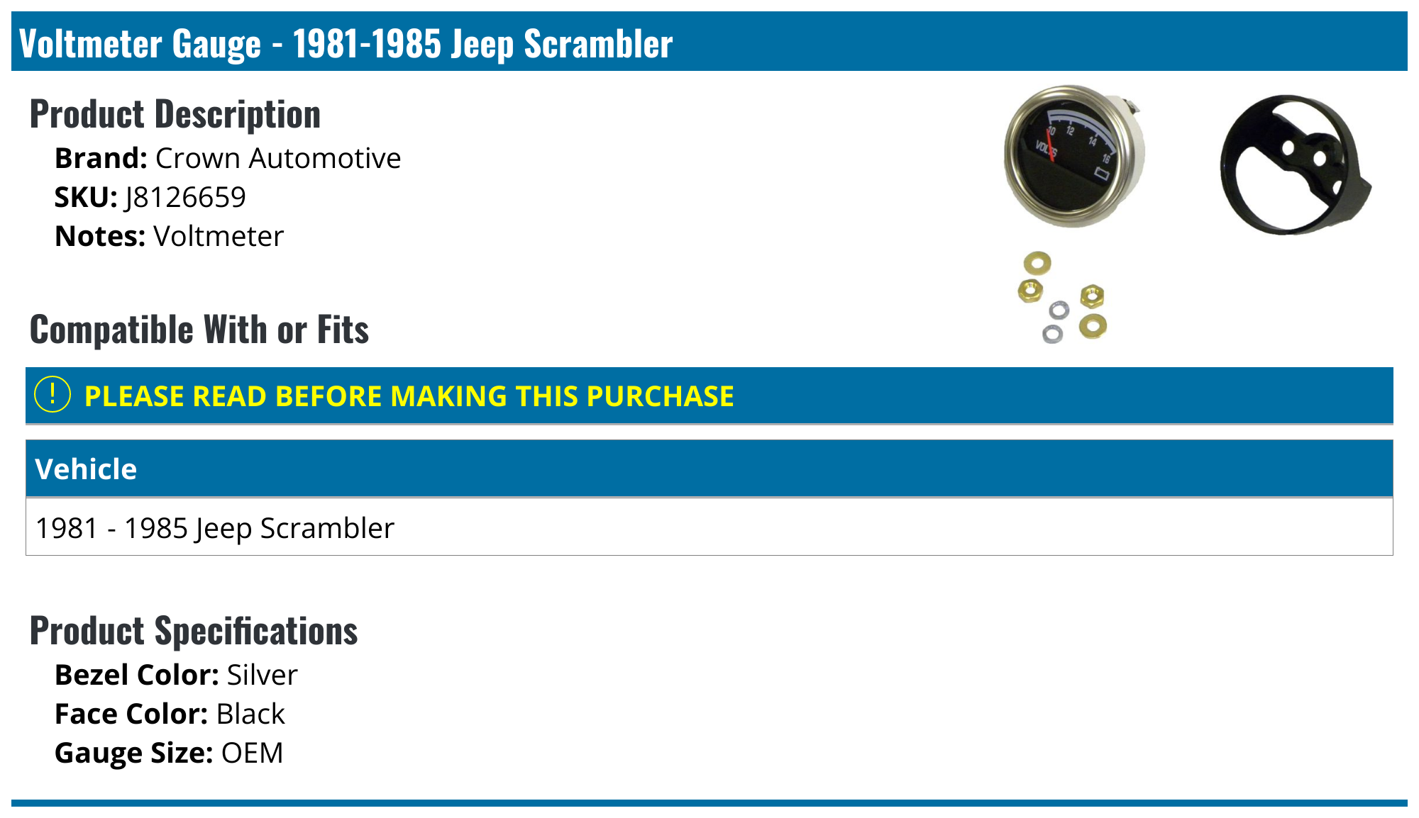 1981-1985 Jeep Scrambler Voltmeter Gauge - Crown Automotive J8126659 ...