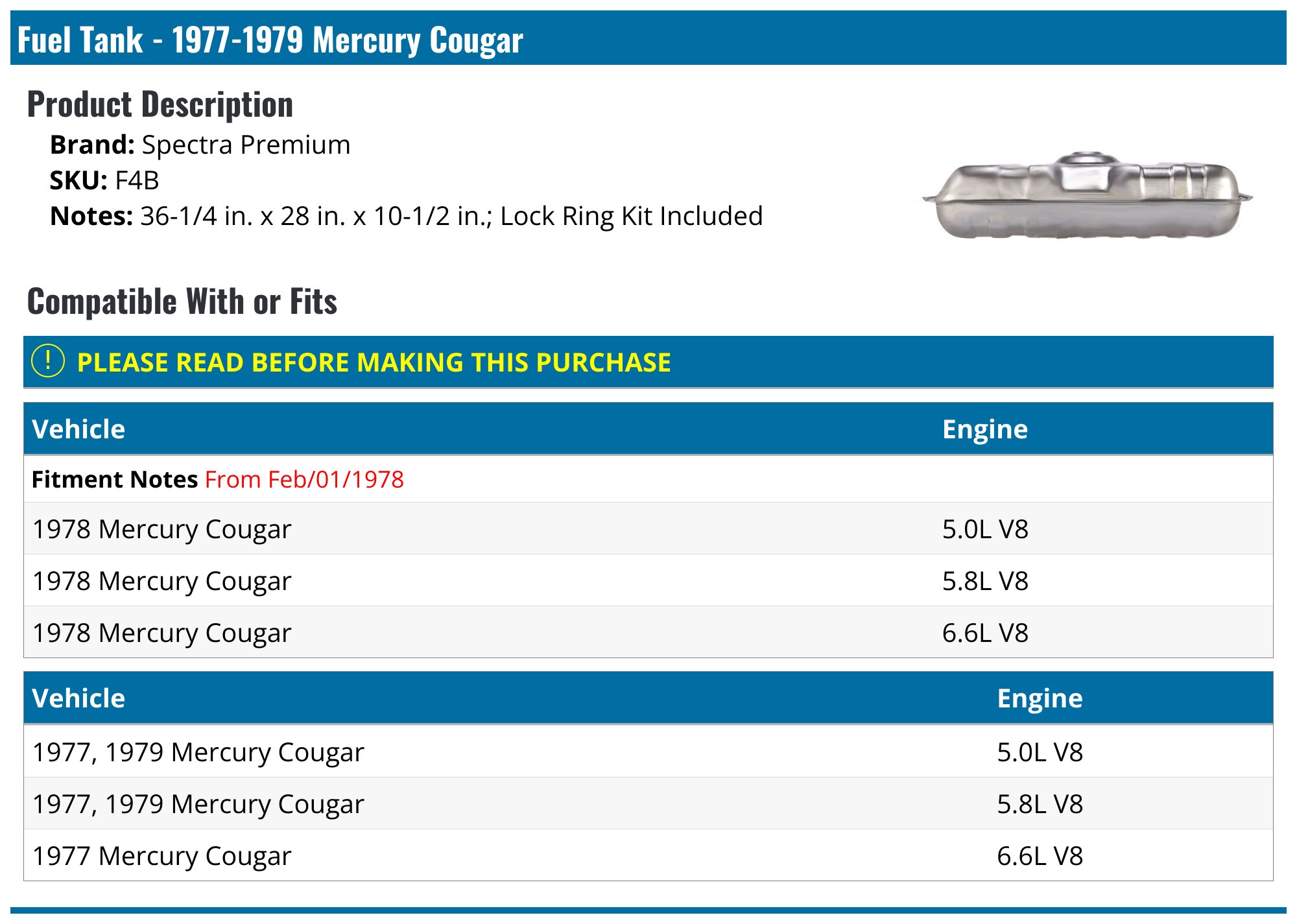 1977-1979 Mercury Cougar Fuel Tank - Spectra Premium F4B - PartsGeek.com