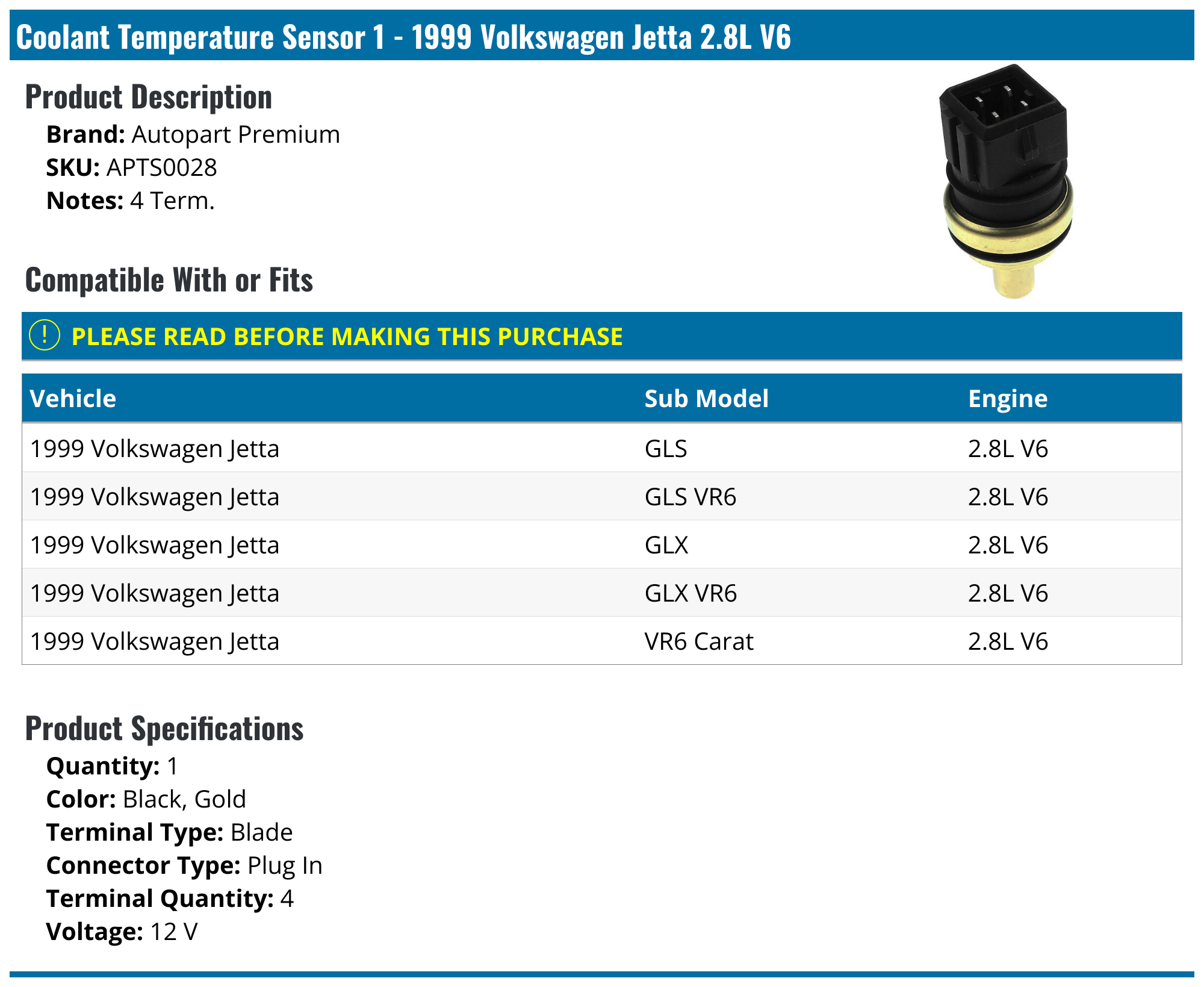 1999 Volkswagen Jetta Engine Coolant Temperature Sensor - Autopart ...