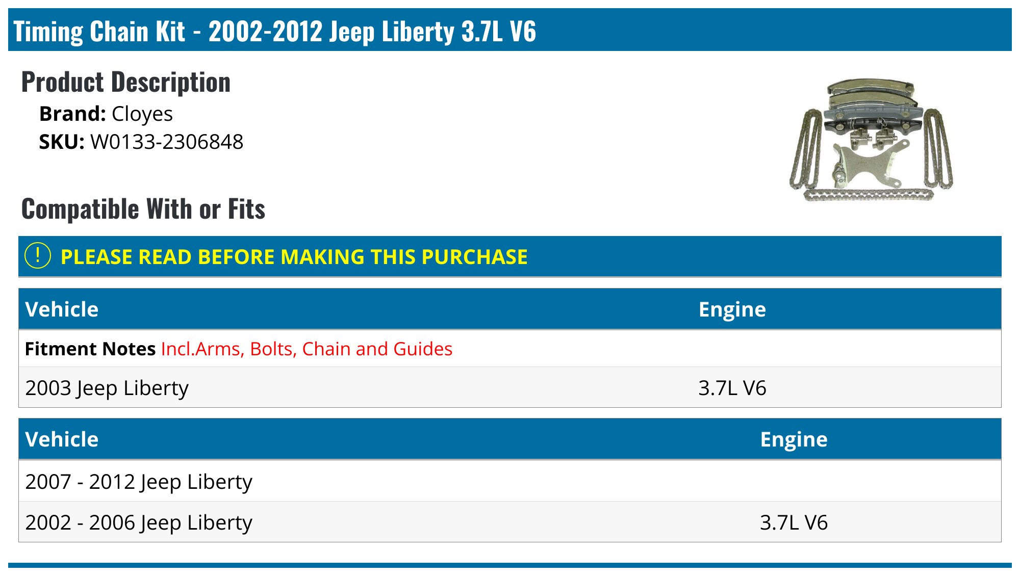 2002-2012 Jeep Liberty Timing Chain - Cloyes W0133-2306848 - PartsGeek.com