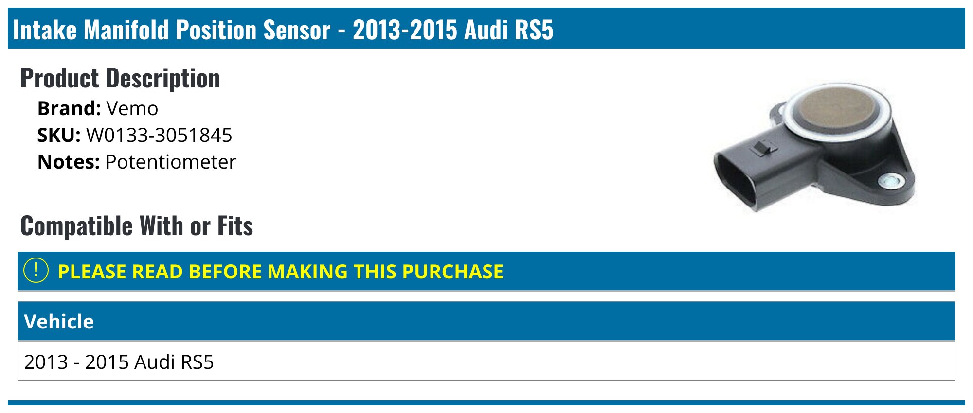 2013-2015 Audi RS5 Intake Manifold Position Sensor - Vemo W0133-3051845 ...