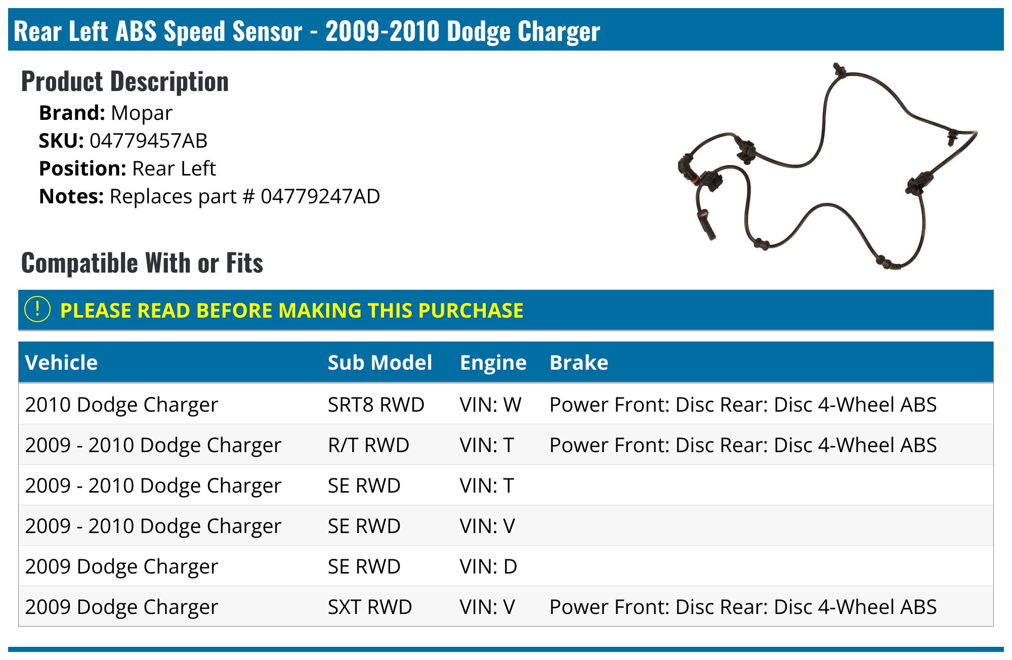 2009-2010 Dodge Charger ABS Speed Sensor - Mopar 04779457AB - Rear Left ...