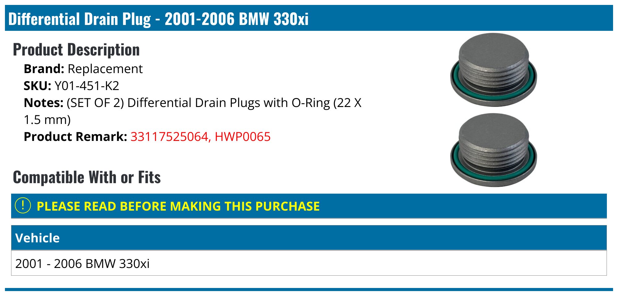 2001-2006 BMW 330xi Differential Drain Plug - Replacement Y01-451-K2 ...