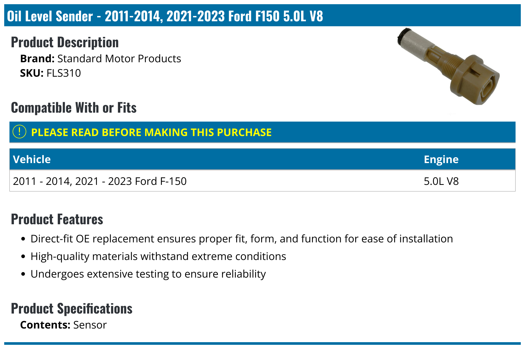 2011-2014, 2021-2025 Ford F150 Oil Level Sender - Standard Motor ...