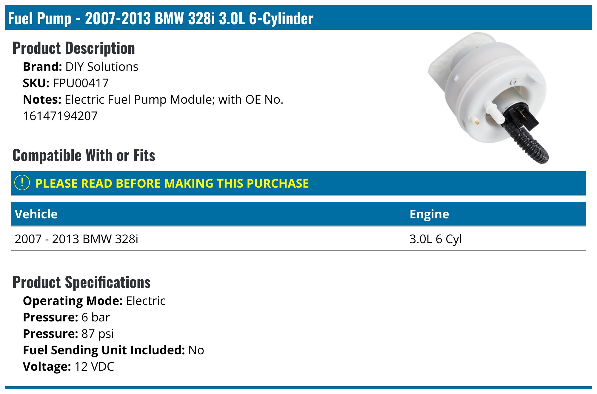 2007-2013 BMW 328i Fuel Pump - DIY Solutions FPU00417 - - PartsGeek.com