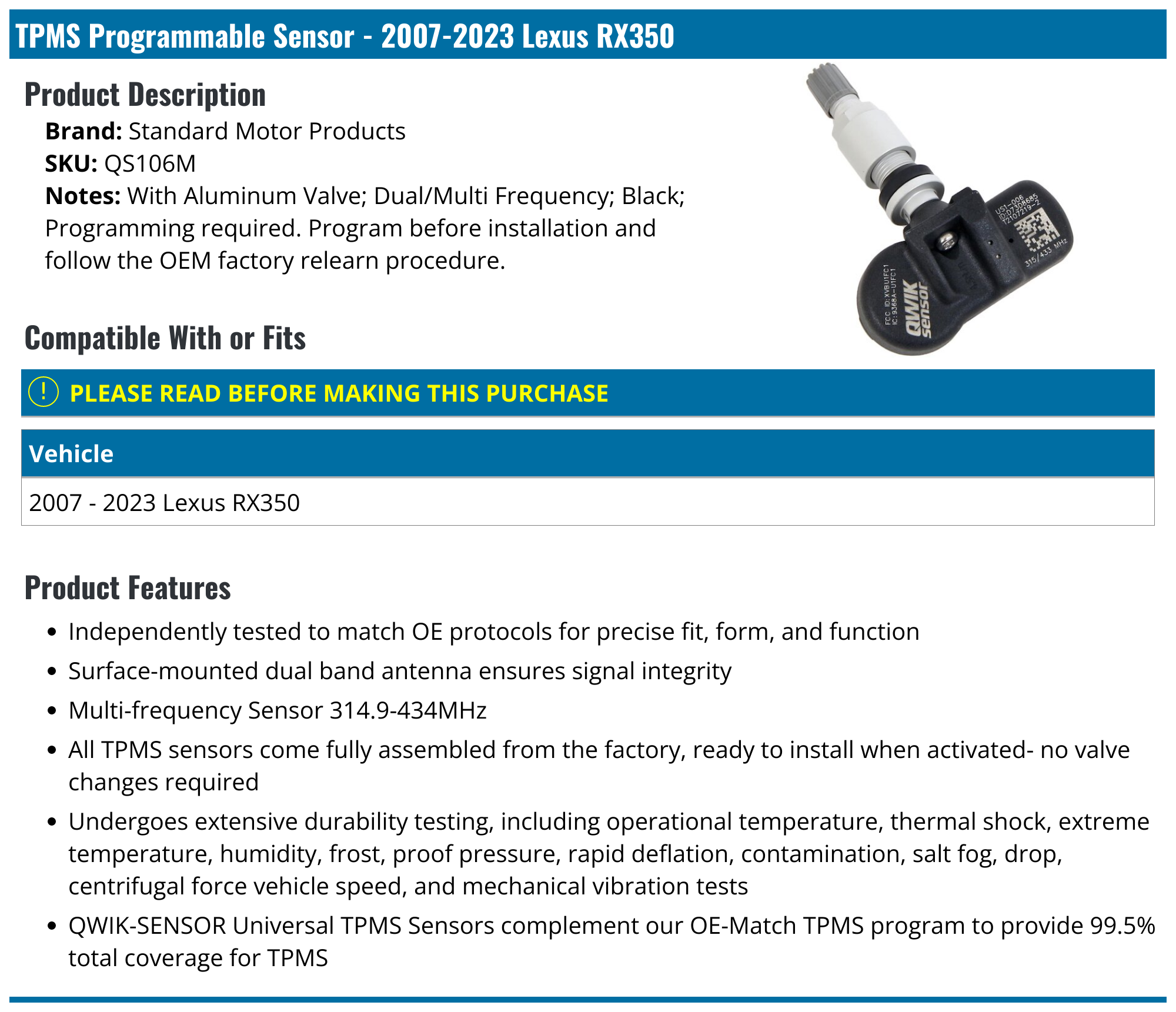 2007-2023 Lexus RX350 Tire Pressure Monitoring Sensor - Standard Motor ...