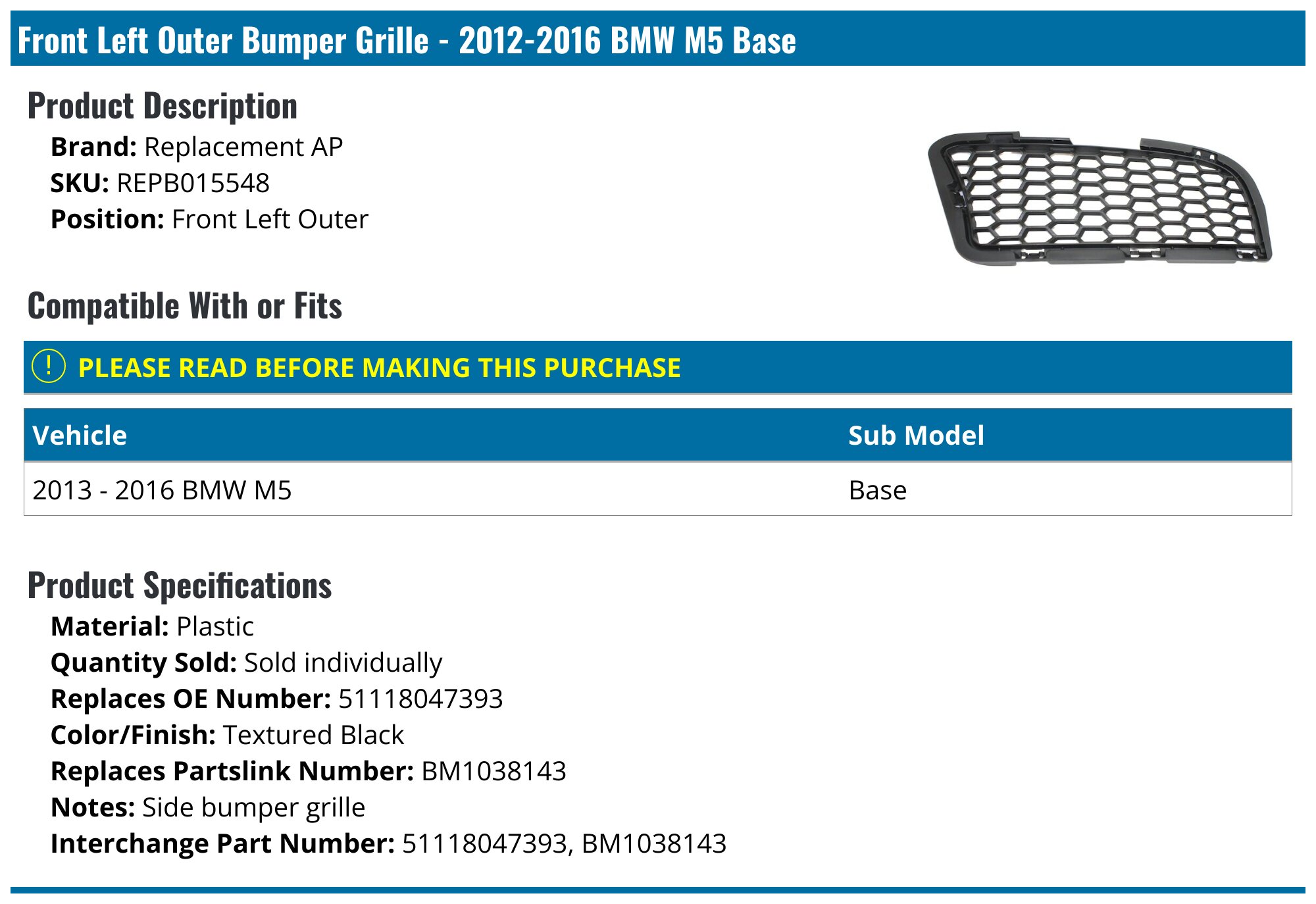 2012-2016 BMW M5 Grille Assembly - Replacement AP REPB015548 - Front ...