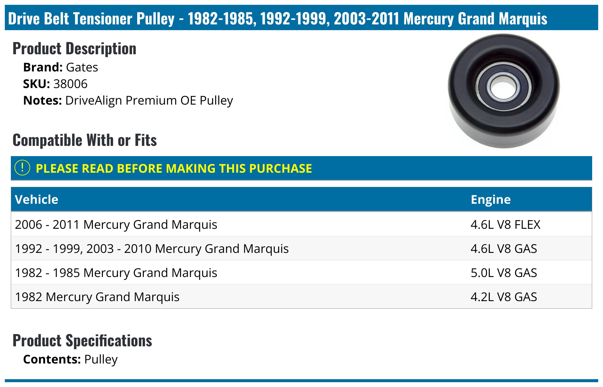 1982-1985, 1992-1999, 2003-2011 Mercury Grand Marquis Drive Belt ...