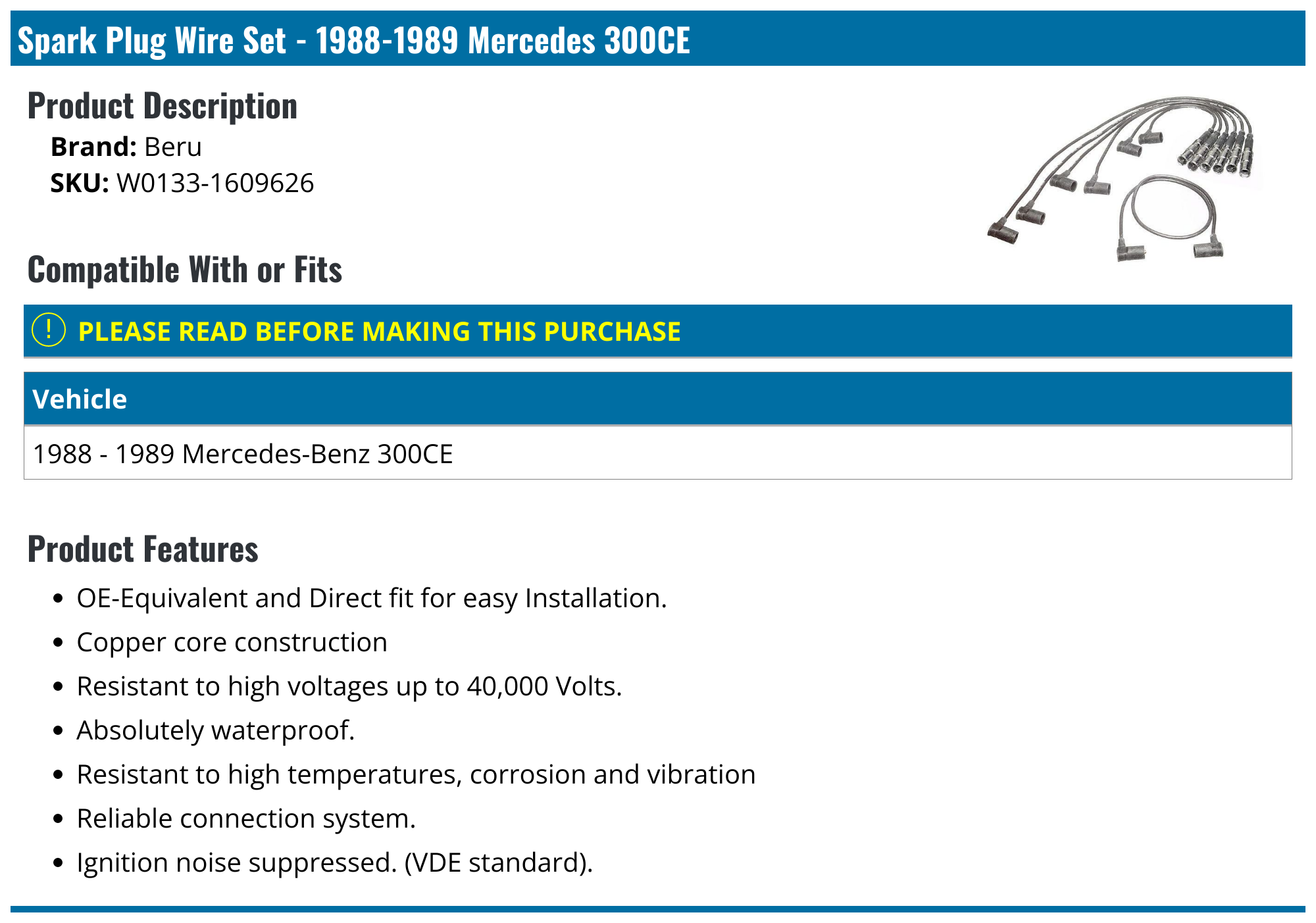 1988-1989 Mercedes 300CE Spark Plug Wire Set - Beru W0133-1609626 ...