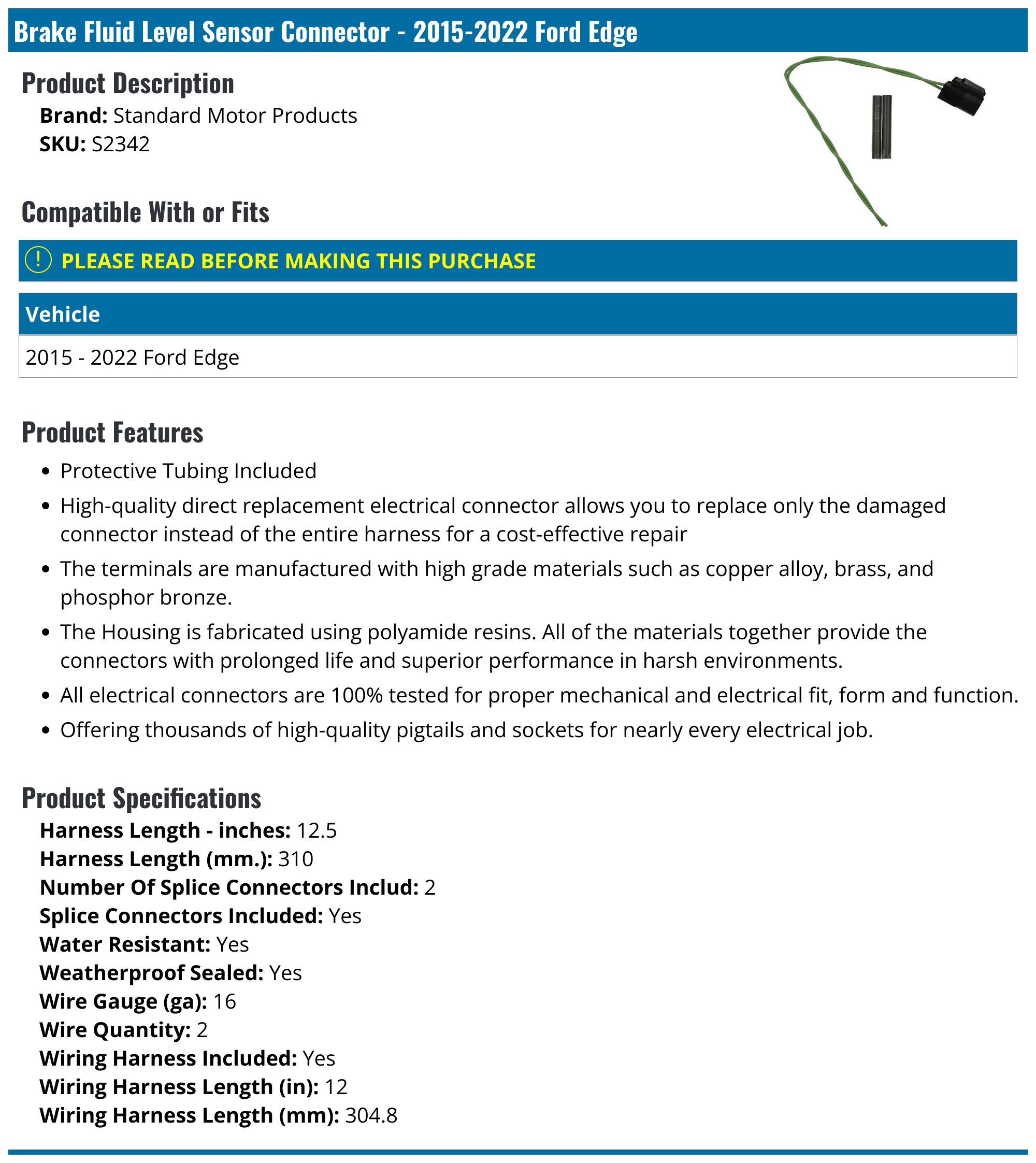 2015-2022 Ford Edge Brake Fluid Level Sensor Connector - Standard Motor ...