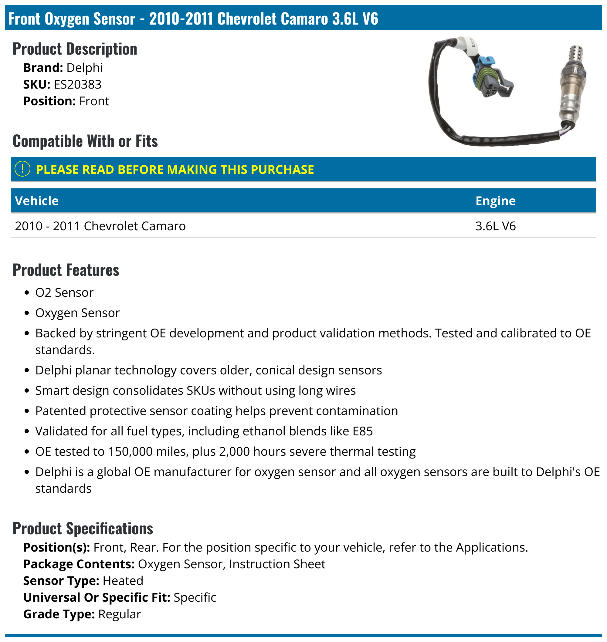 2010-2011 Chevrolet Camaro Oxygen Sensor - Delphi ES20383 - Front ...
