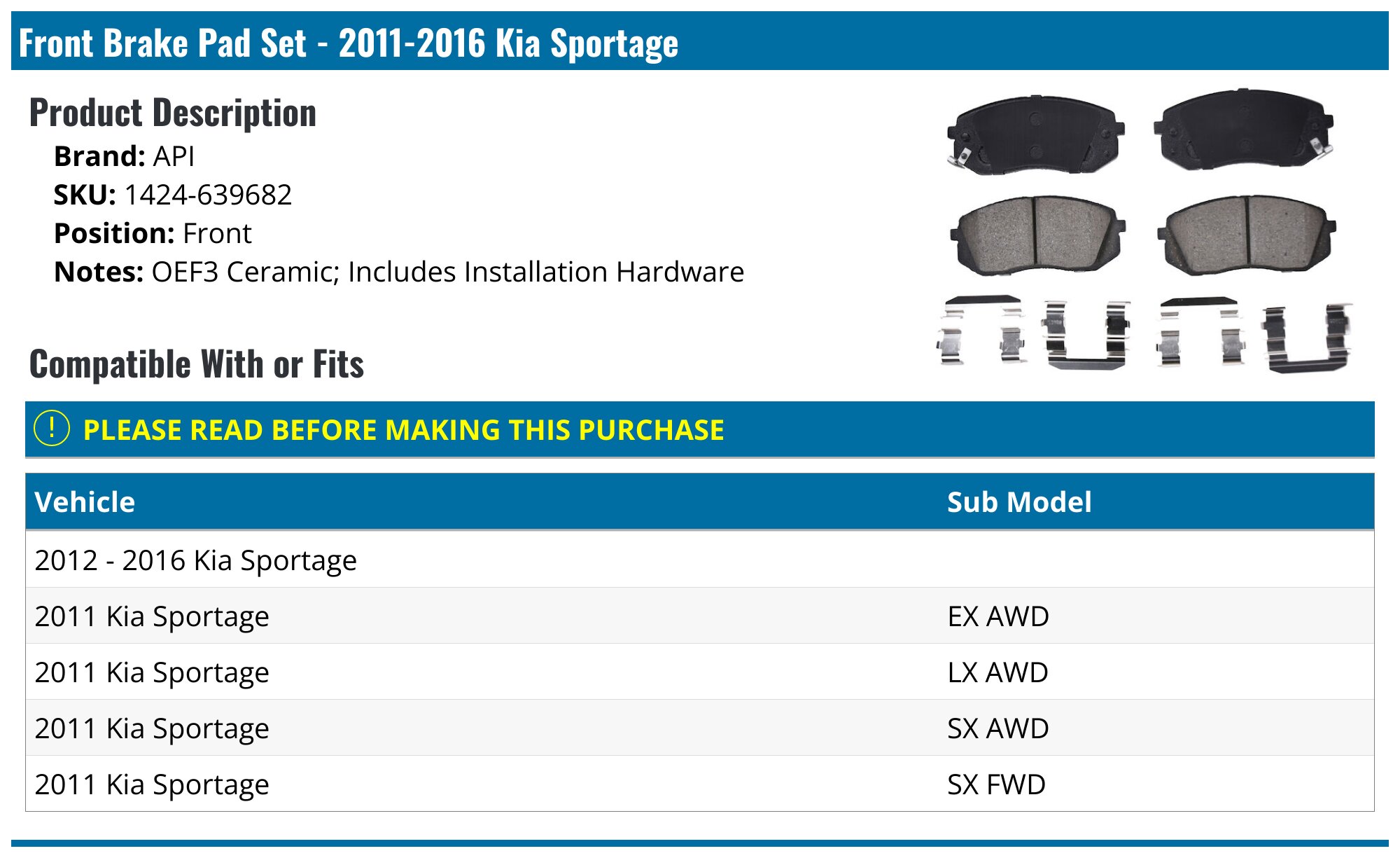 2011-2016 Kia Sportage Brake Pad Set - API 96789-07879532 - Front ...