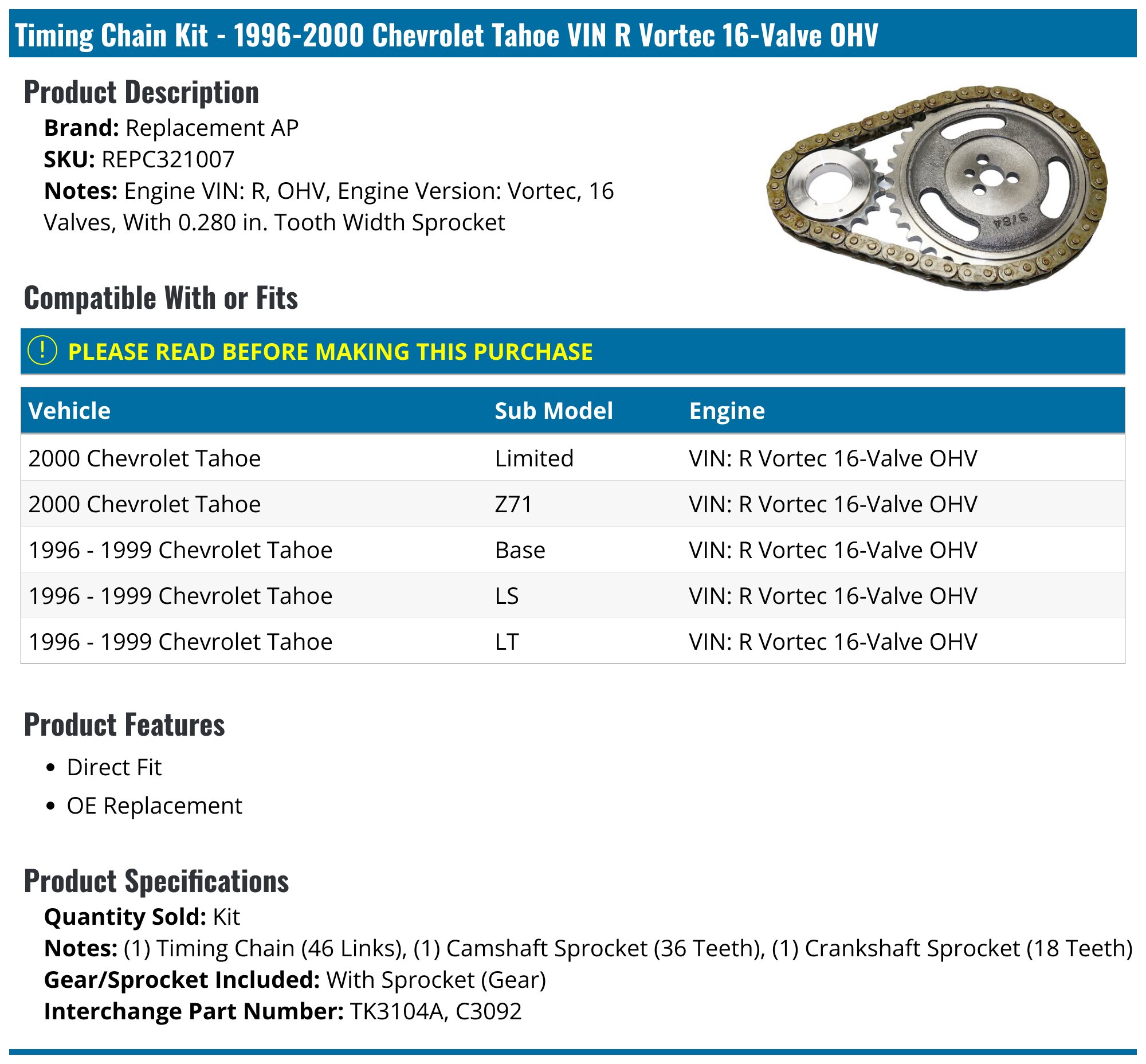 1996-2000 Chevrolet Tahoe Timing Chain - Replacement AP REPC321007 ...