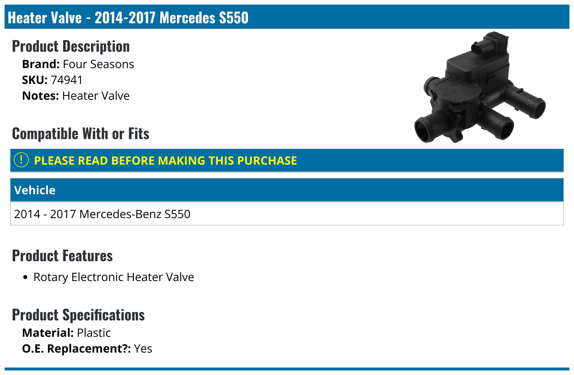2014-2017 Mercedes S550 Heater Valve - Four Seasons 74941 - PartsGeek.com
