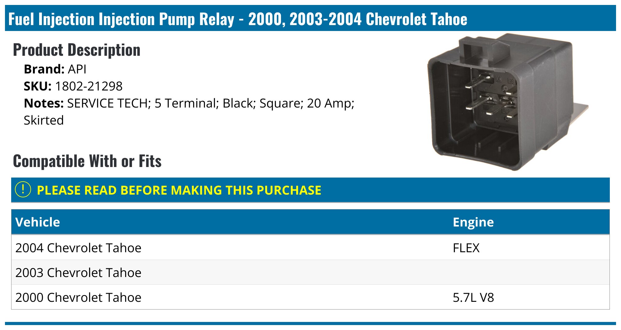 2000, 2003-2004 Chevrolet Tahoe Fuel Injection Injection Pump Relay ...