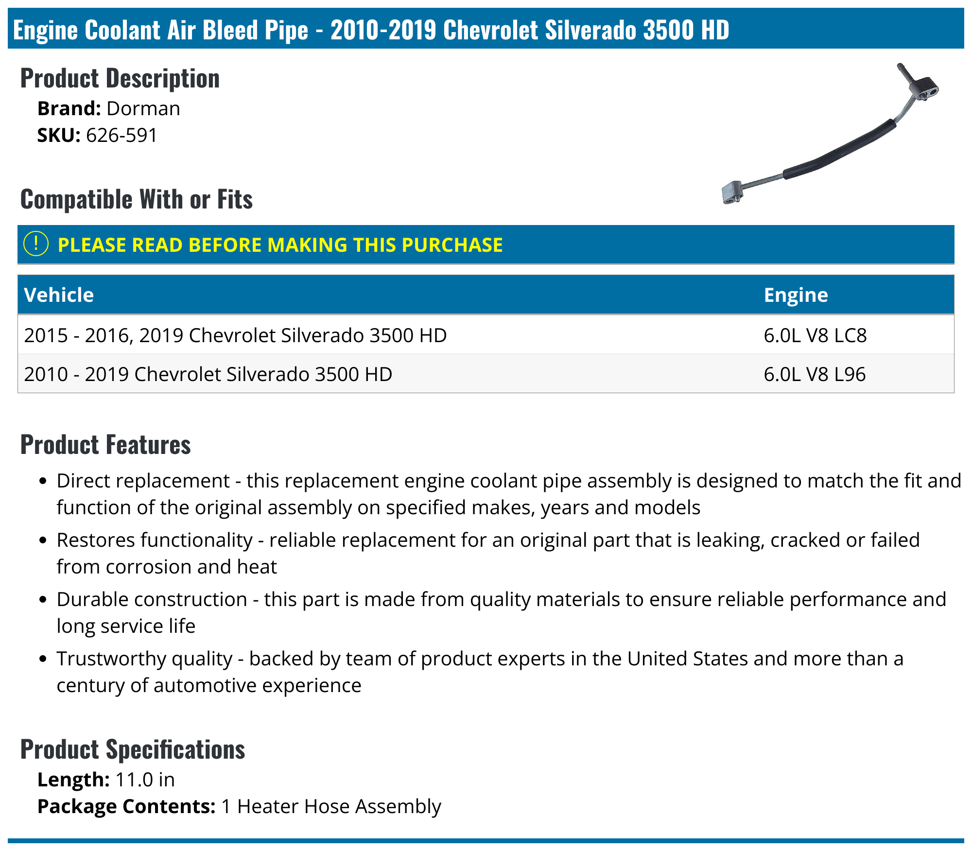 2010-2019 Chevrolet Silverado 3500 HD Engine Coolant Air Bleed Pipe ...
