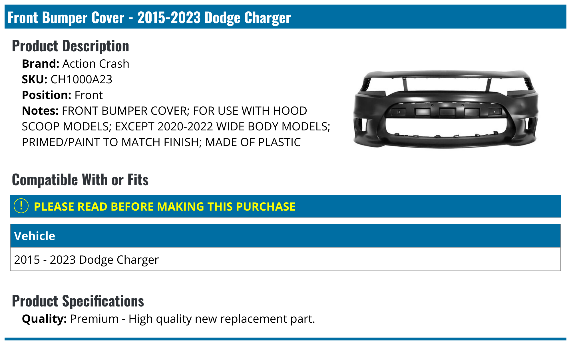 2015-2023 Dodge Charger Bumper Cover - Action Crash CH1000A23 - Front ...