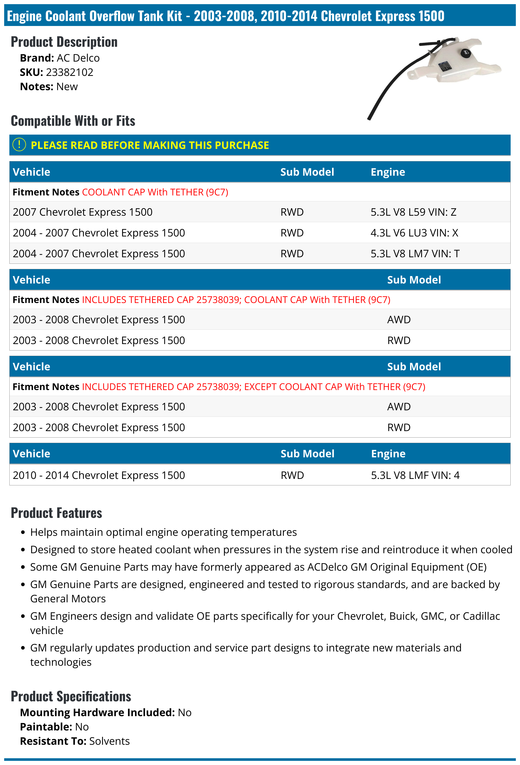 2003-2008, 2010-2014 Chevrolet Express 1500 Expansion Tank - AC Delco ...