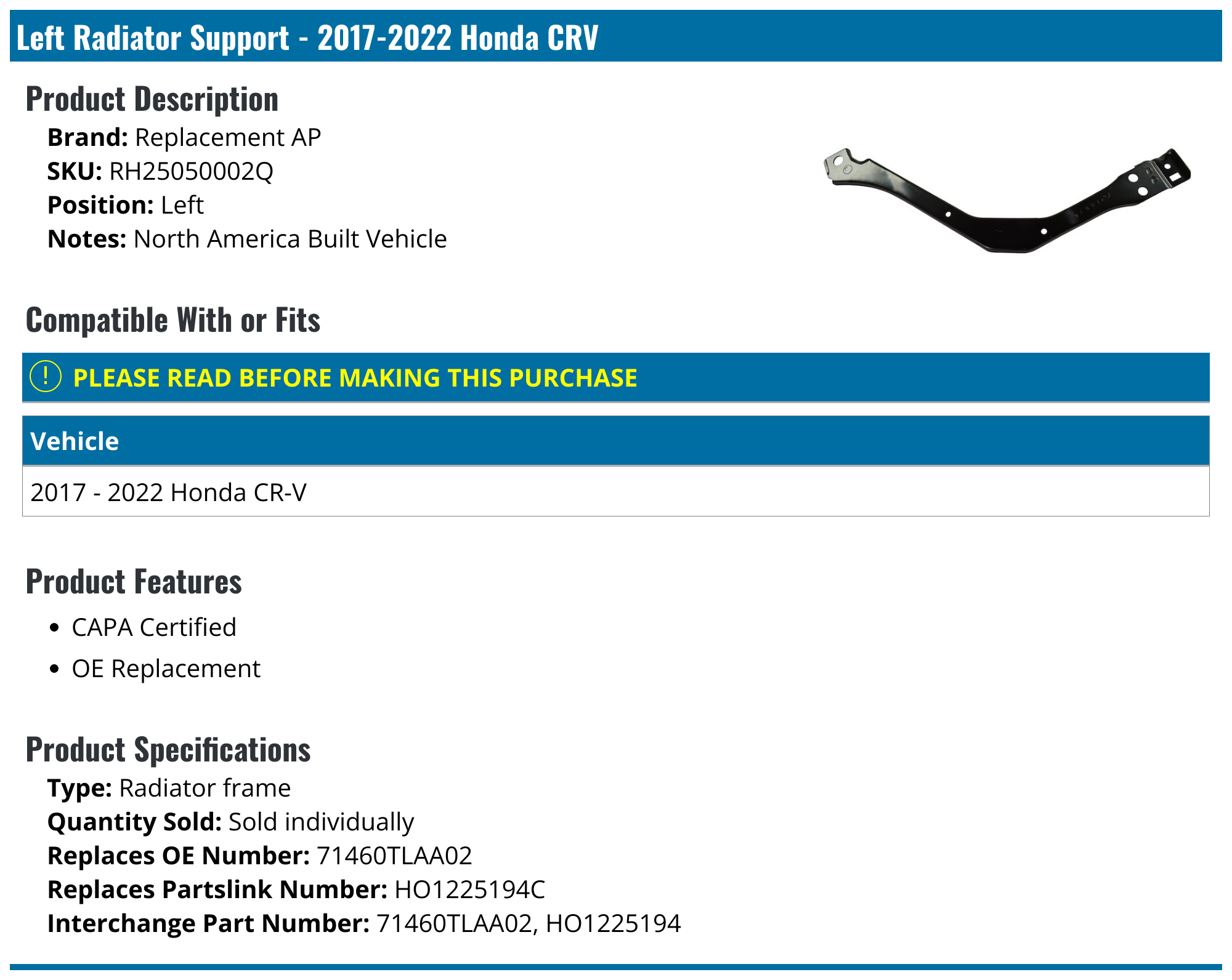 2017-2022 Honda CRV Radiator Support - Replacement AP RH25050002Q ...