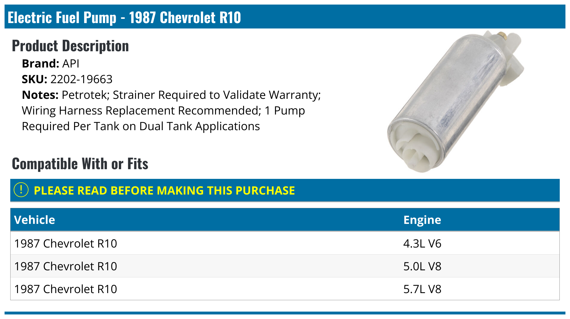 1987 Chevrolet R10 Fuel Pump - API 3625-07433021 - PartsGeek.com