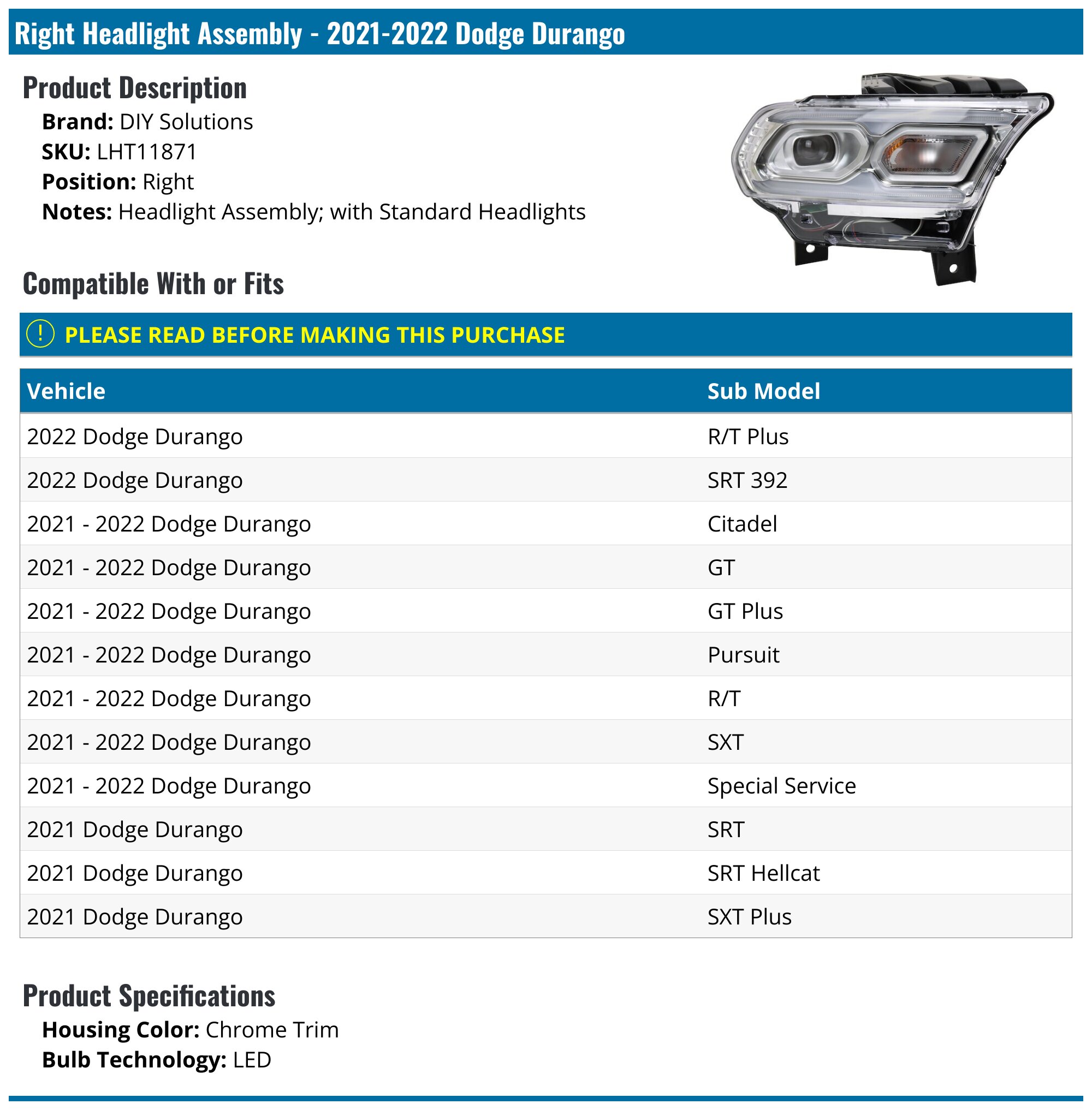 2021-2022 Dodge Durango Headlight Assembly - DIY Solutions LHT11871 ...
