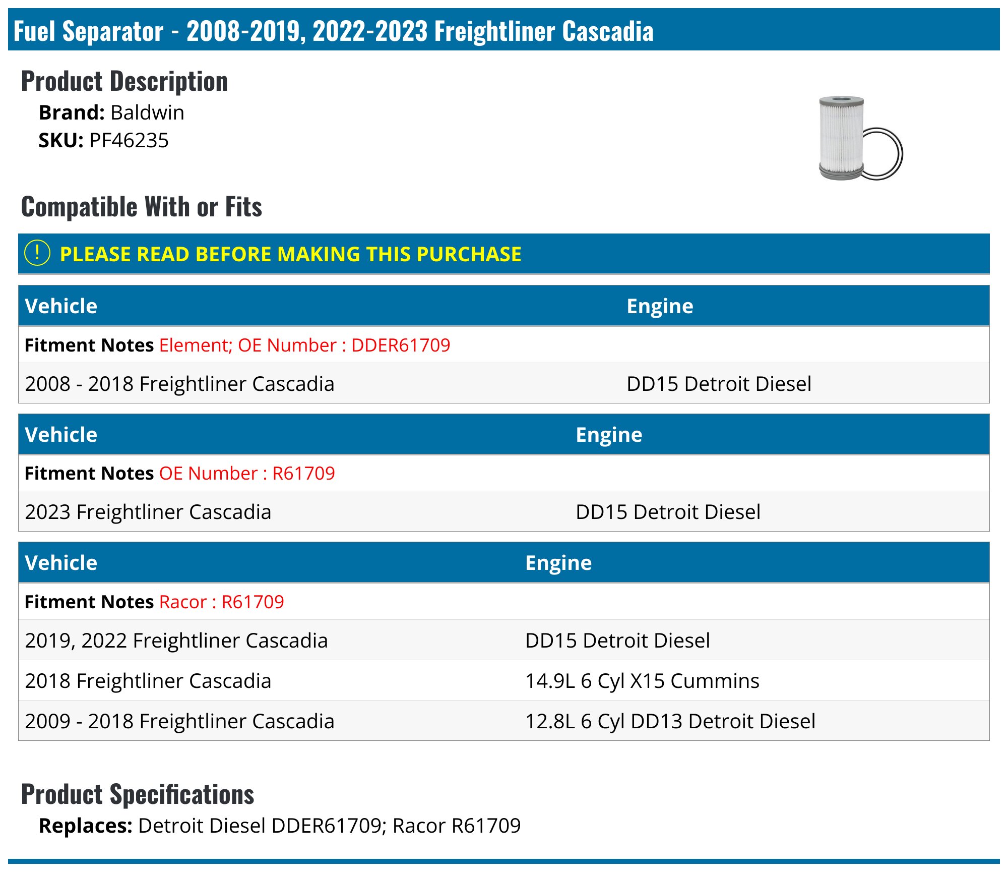 2008-2019, 2021-2025 Freightliner Cascadia Fuel Separator - Baldwin ...