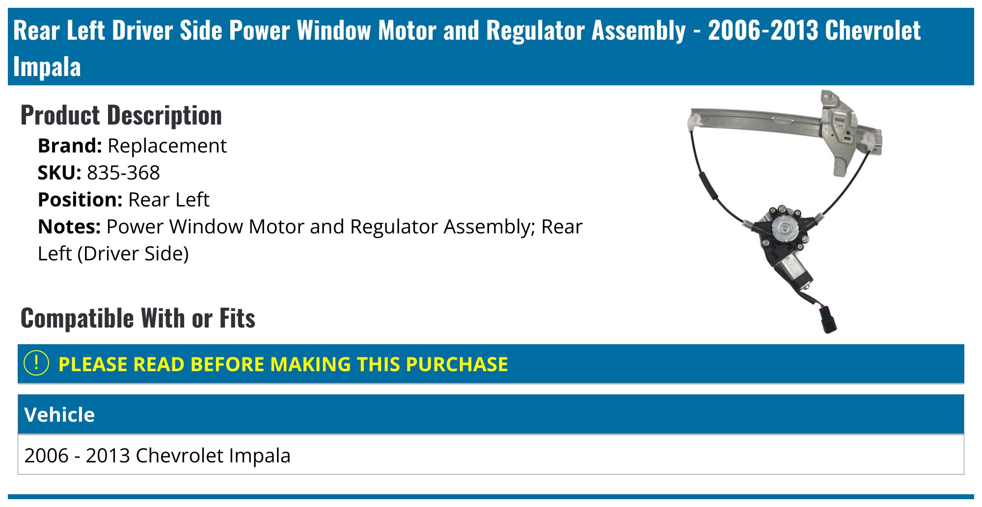 2006-2013 Chevrolet Impala Window Regulator - Replacement 835-368 ...