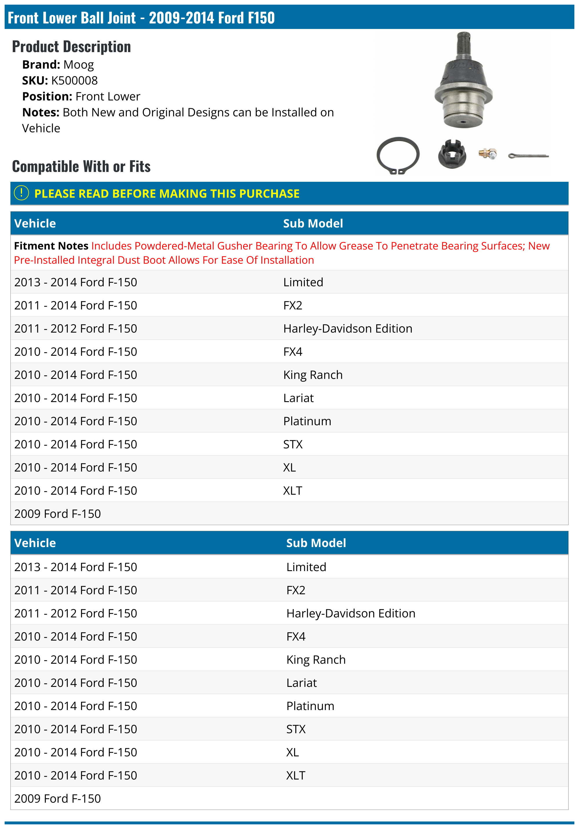 2009-2014 Ford F150 Ball Joint - Moog K500008 - Front Lower - PartsGeek.com