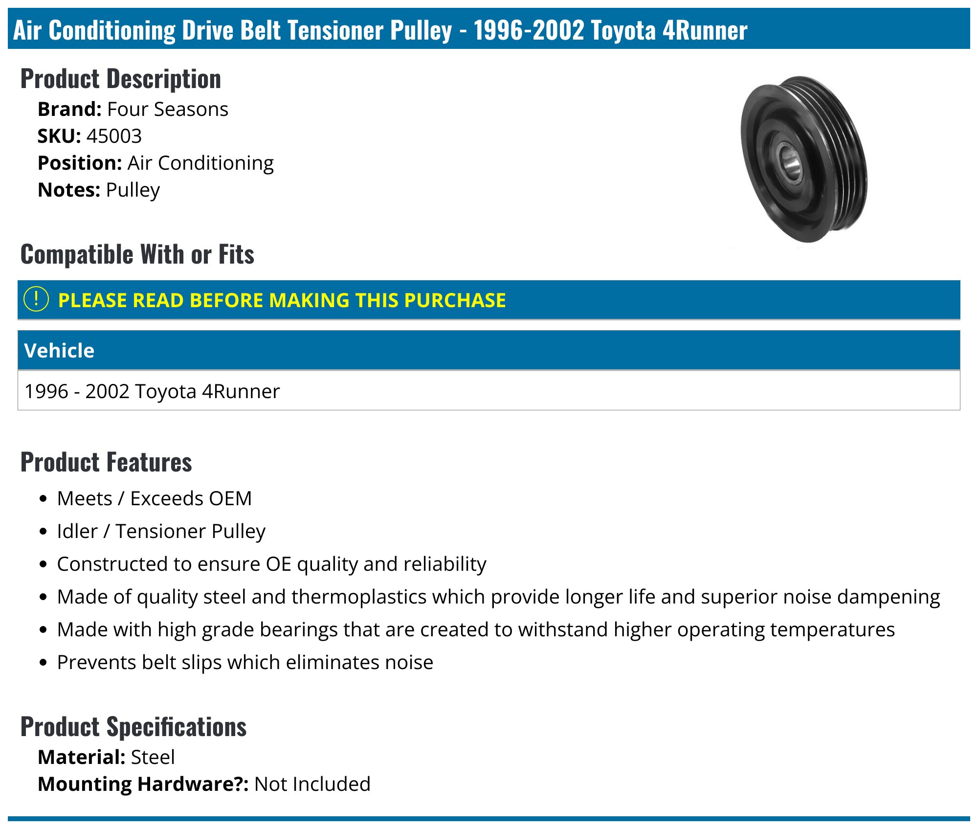 1996-2002 Toyota 4Runner Drive Belt Tensioner Pulley - Four Seasons ...