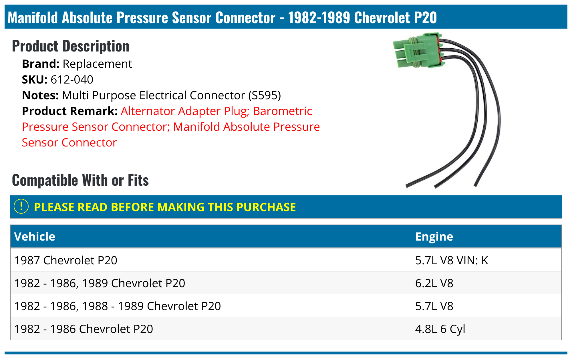 1982-1989 Chevrolet P20 Manifold Absolute Pressure Sensor Connector ...
