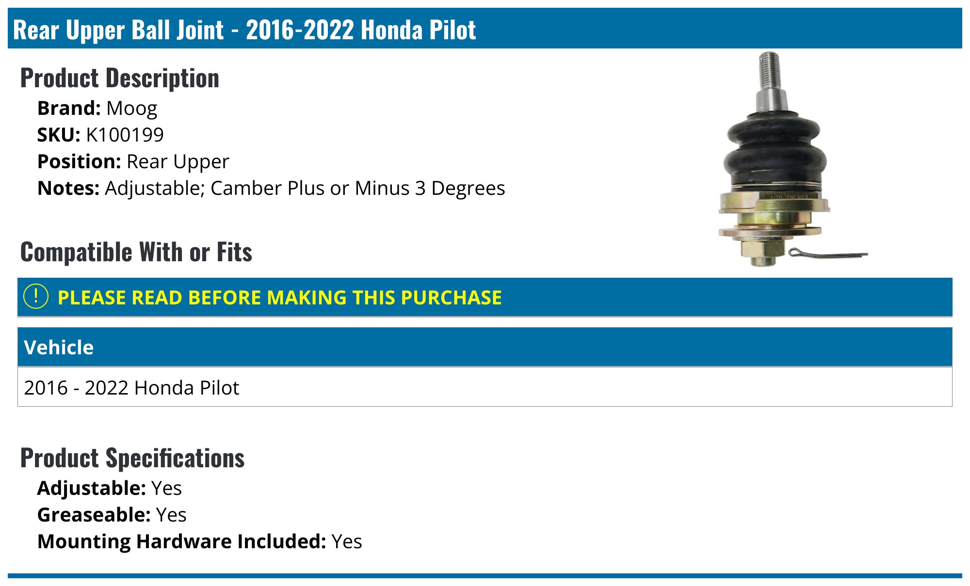 2016-2022 Honda Pilot Ball Joint - Moog K100199 - Rear Upper ...