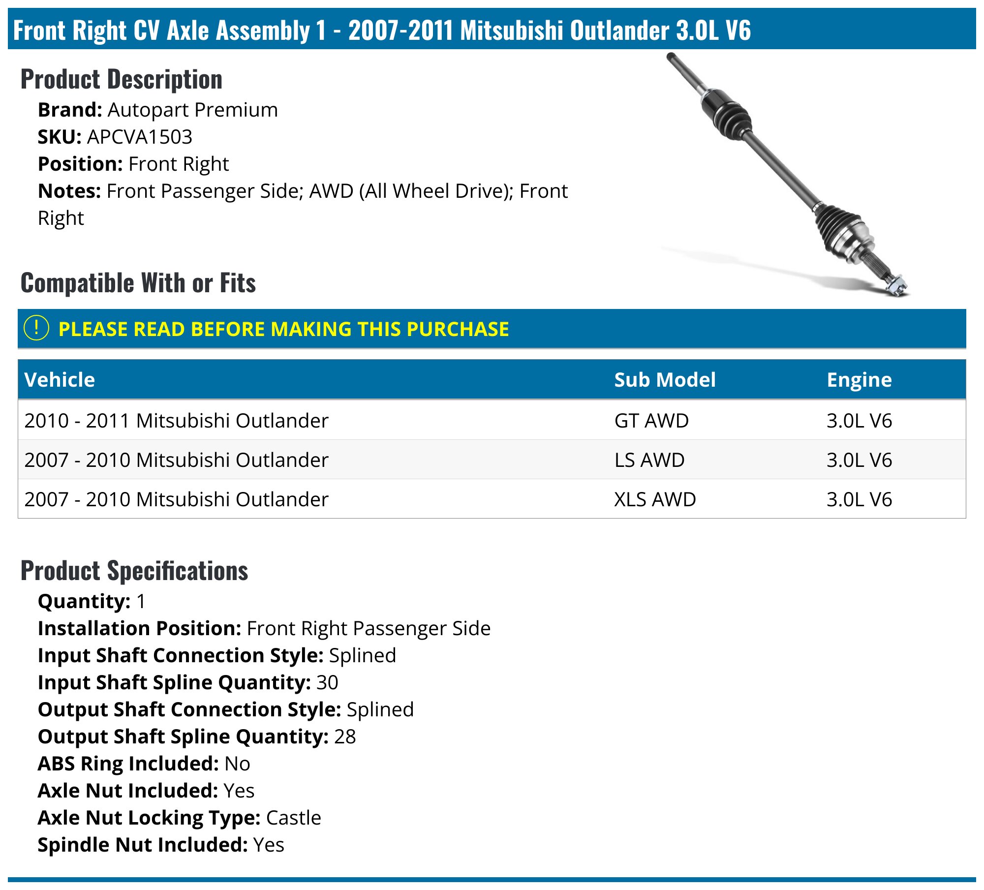 2007-2011 Mitsubishi Outlander Axle Assembly - Autopart Premium ...