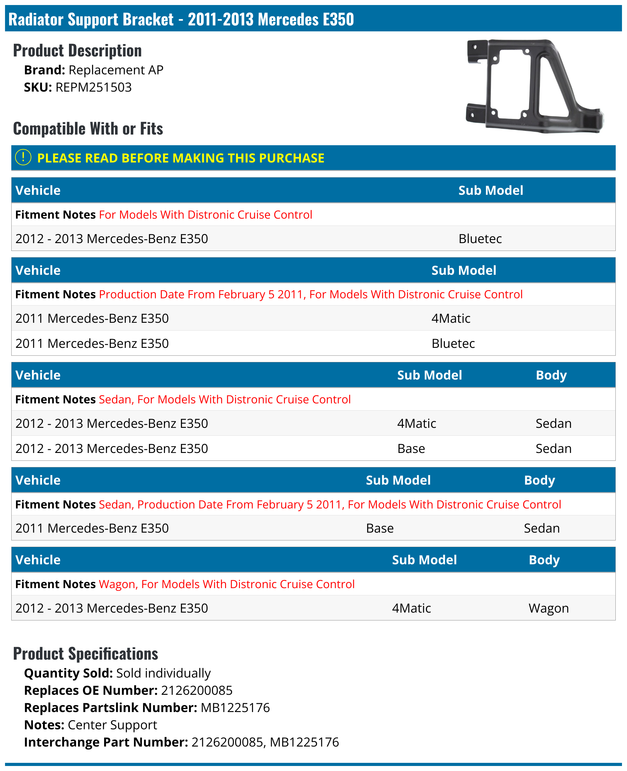 2011-2013 Mercedes E350 Radiator Support Bracket - Replacement AP ...