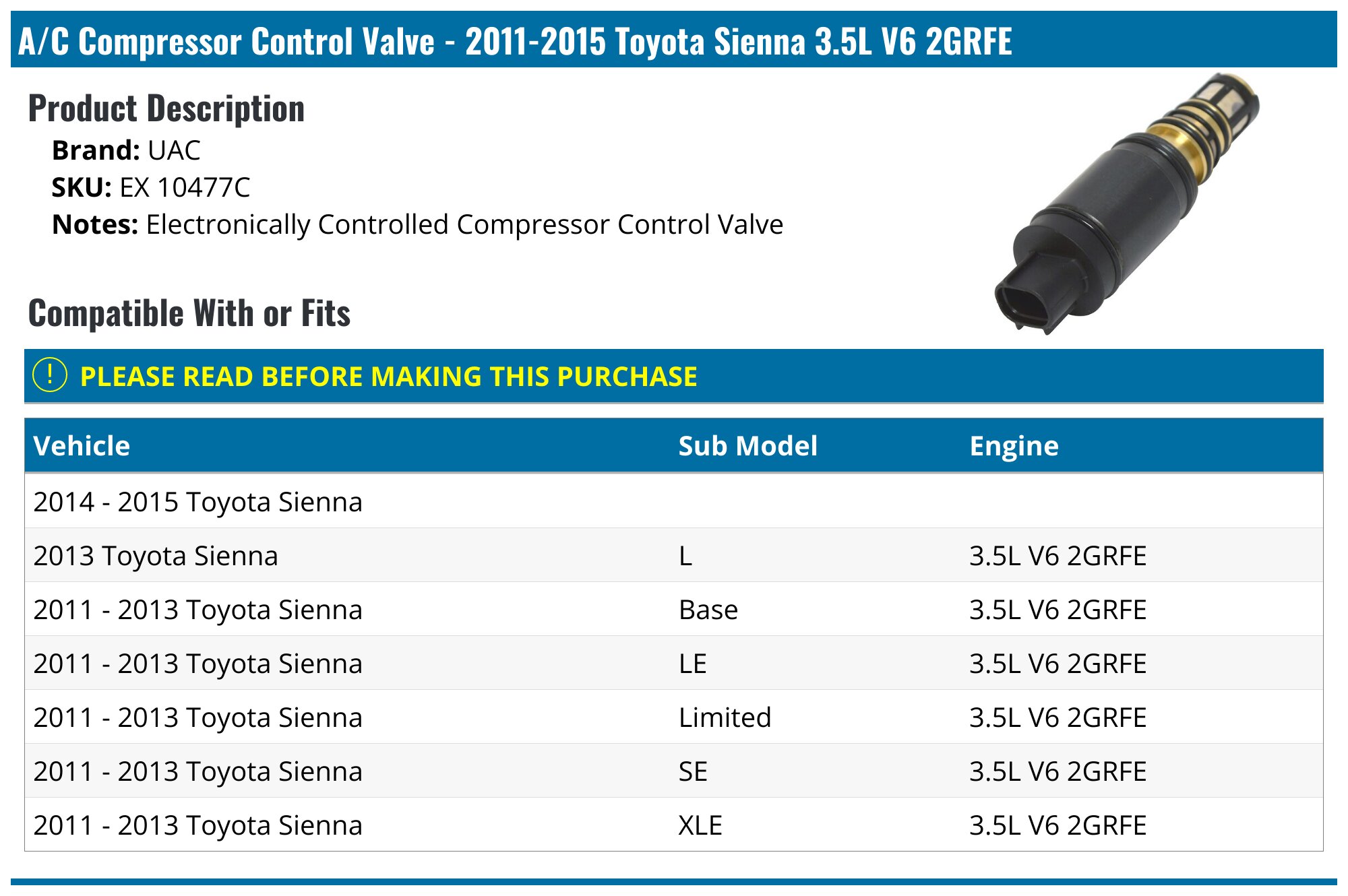 2011-2016 Toyota Sienna A/C Compressor Control Valve - UAC EX 10477C ...