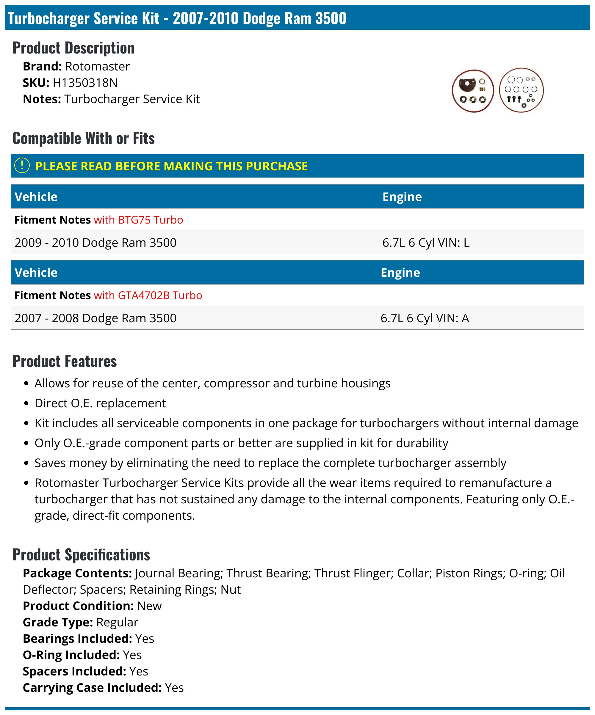 2007-2010 Dodge Ram 3500 Turbocharger Service Kit - Rotomaster ...