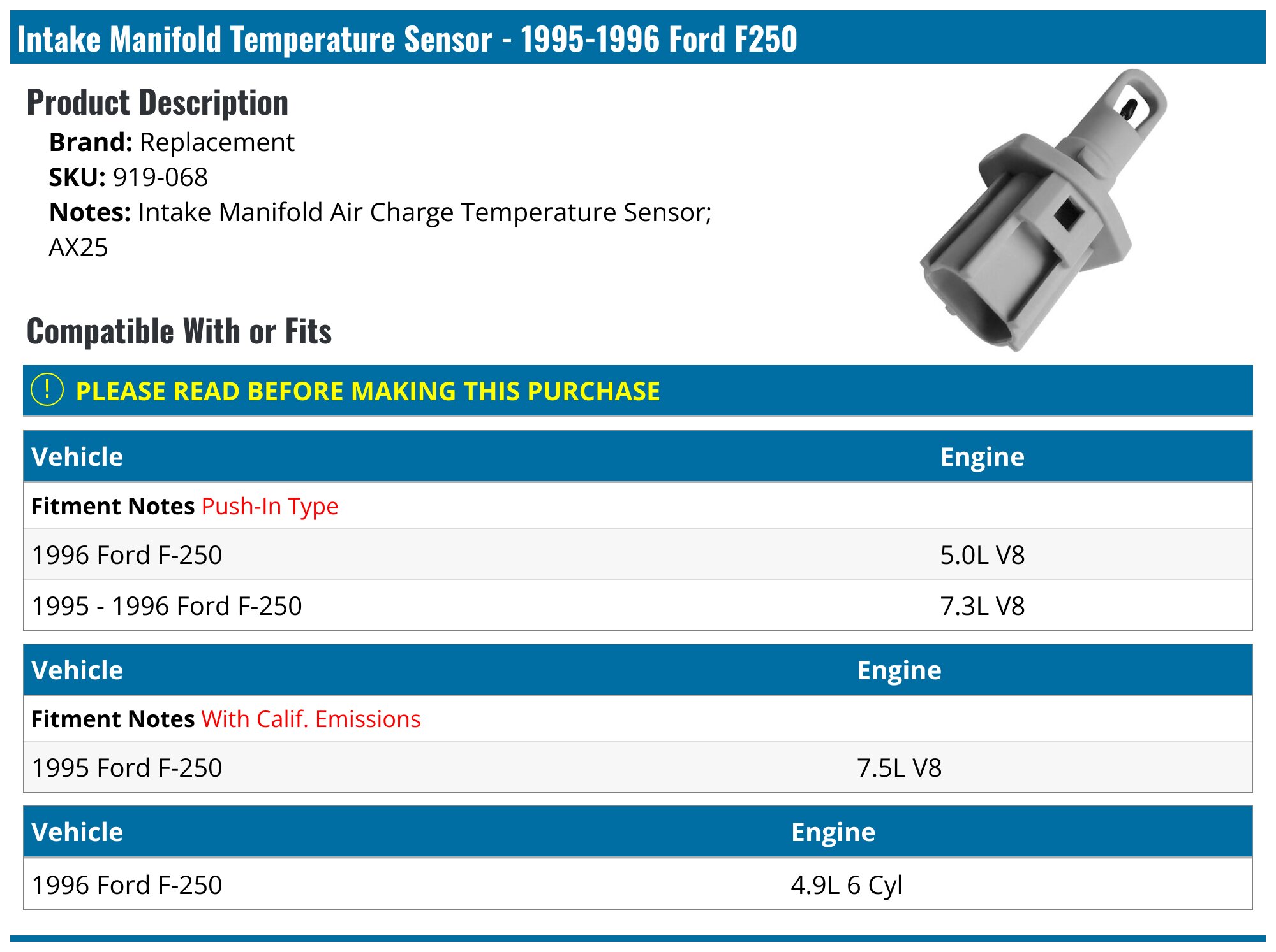 1995-1996 Ford F250 Intake Manifold Temperature Sensor - Replacement ...