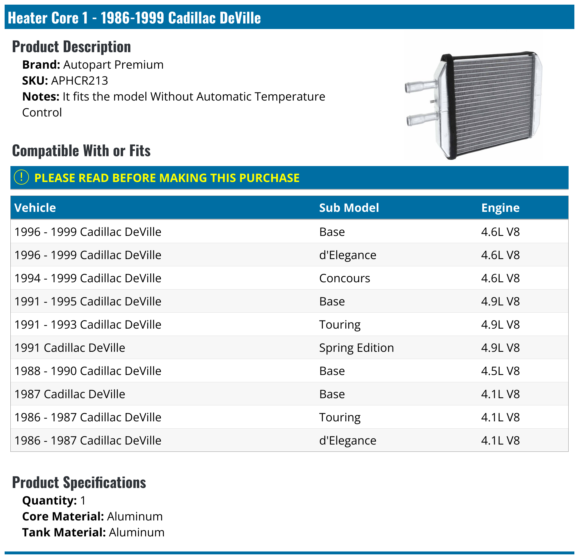 1986-1999 Cadillac DeVille Heater Core - Autopart Premium APHCR213 ...