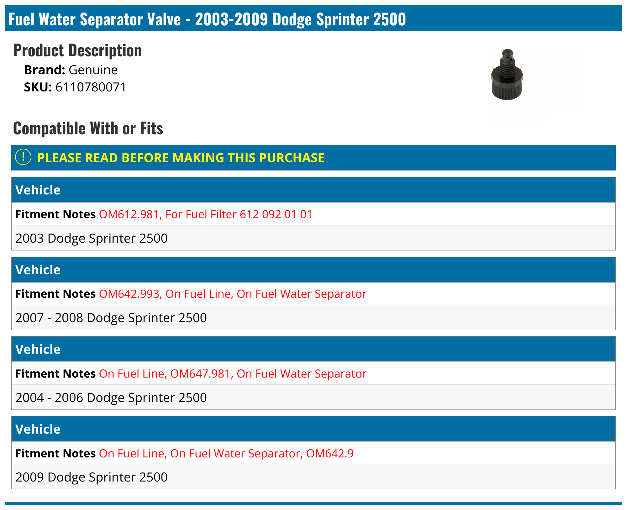 2003-2009 Dodge Sprinter 2500 Fuel Water Separator Valve - Genuine ...