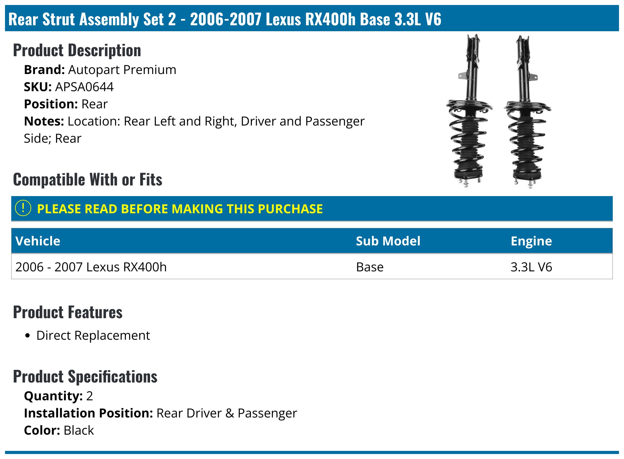 2006-2007 Lexus RX400h Strut Assembly - Autopart Premium APSA0644 ...
