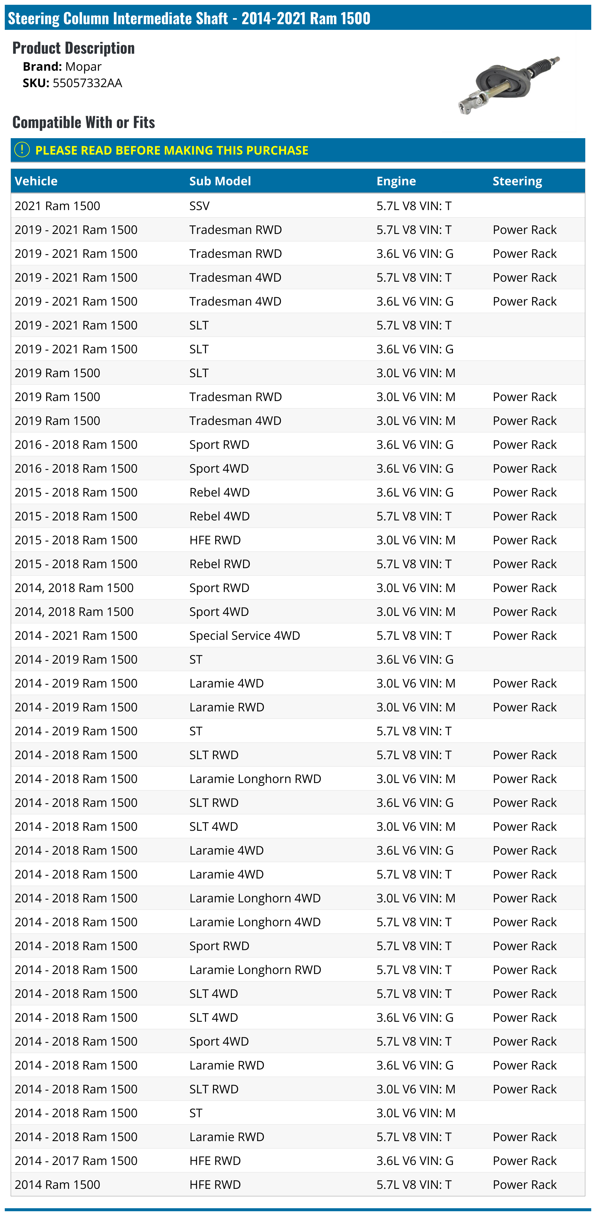 2014-2021 Ram 1500 Steering Shaft - Mopar 55057332AA - - PartsGeek.com