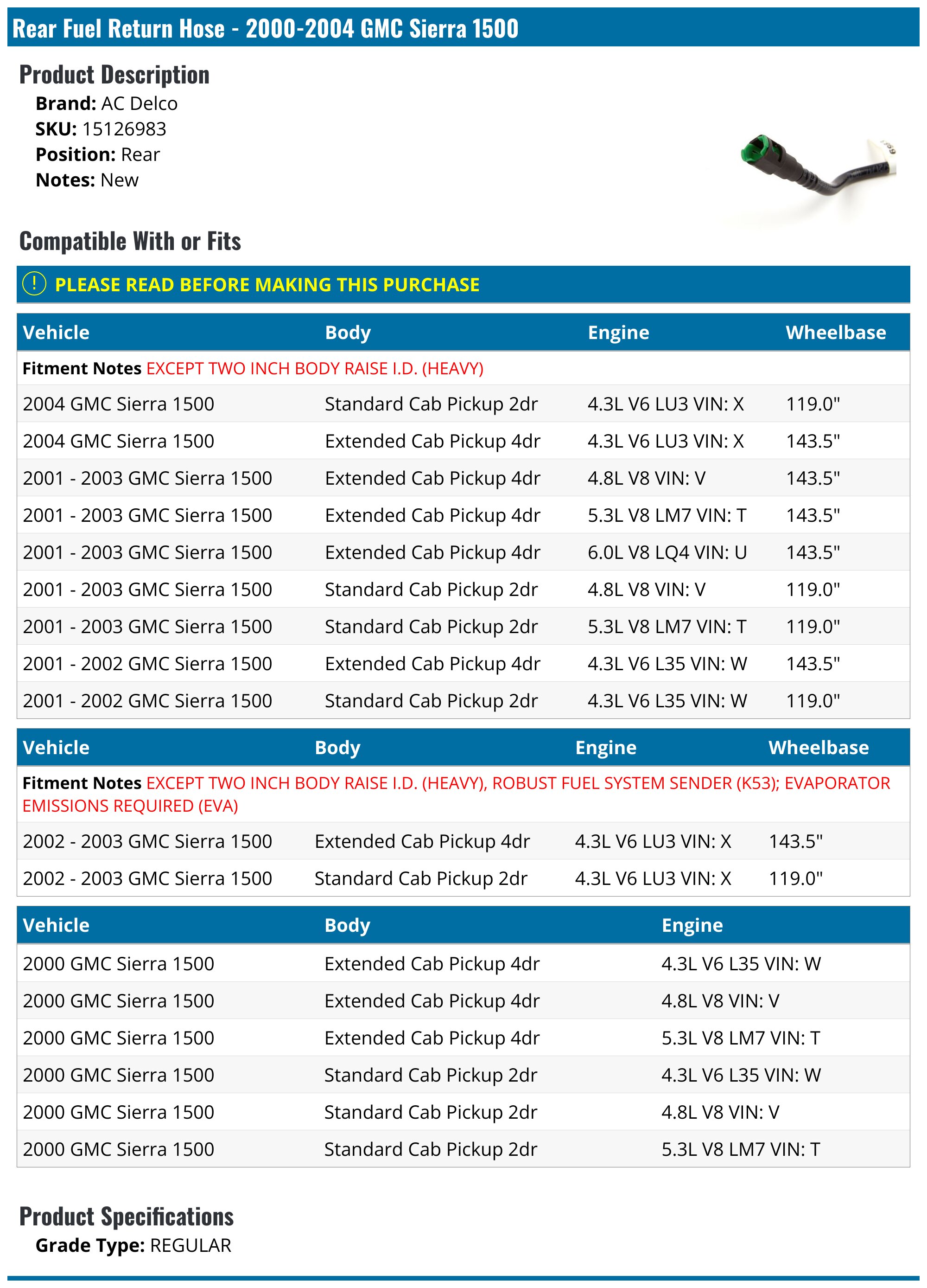 2000-2004 GMC Sierra 1500 Fuel Return Line - AC Delco 15126983 - Rear ...