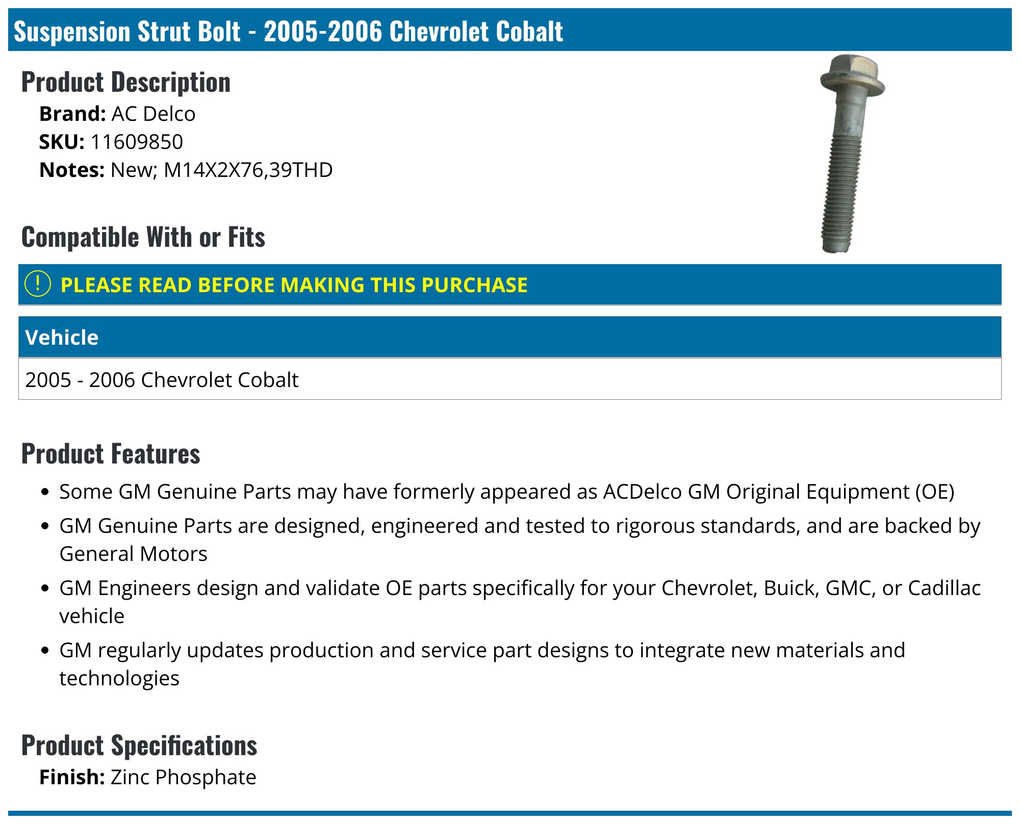 2005-2006 Chevrolet Cobalt Suspension Strut Bolt - AC Delco 11609850 ...