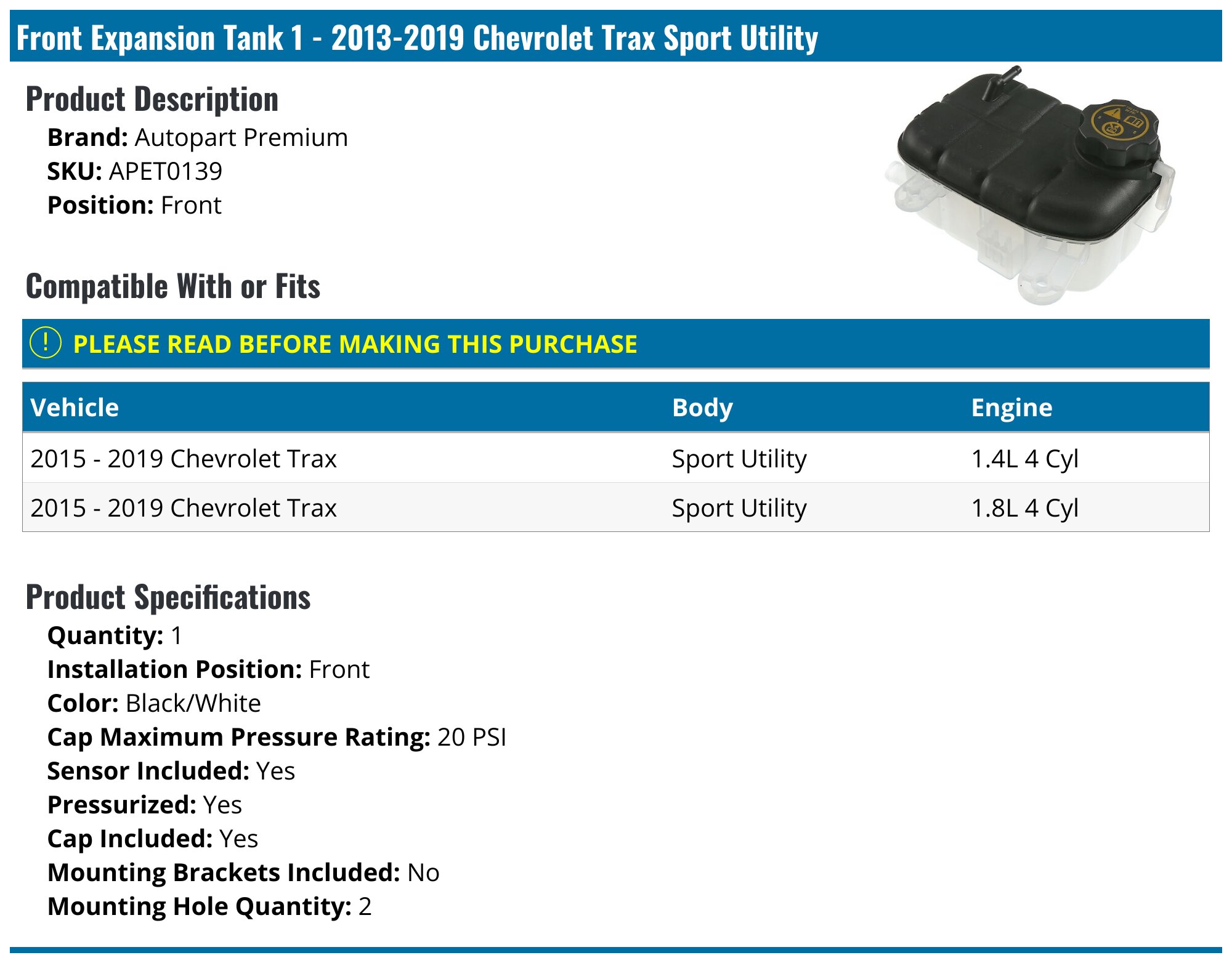 2013-2019 Chevrolet Trax Expansion Tank - Autopart Premium APET0139 ...