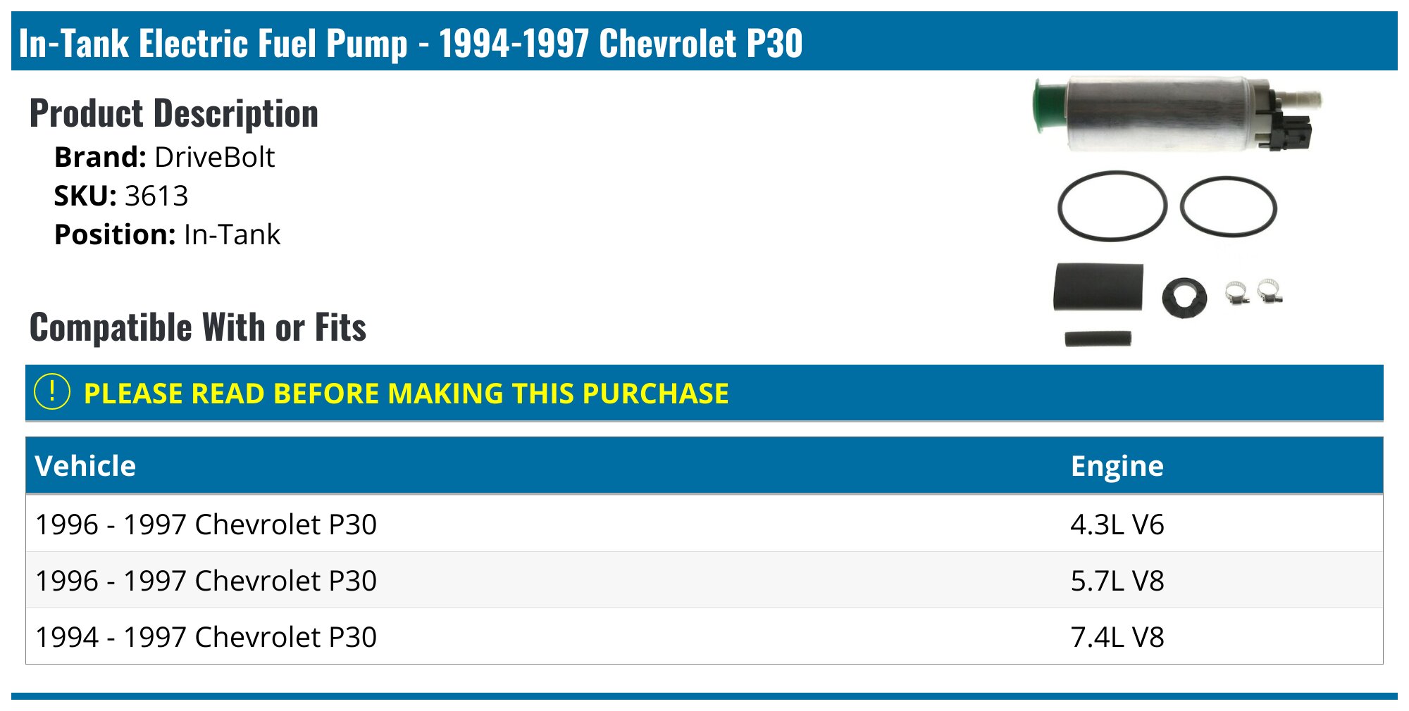 1994-1997 Chevrolet P30 Fuel Pump - DriveBolt 3613 - In-Tank ...